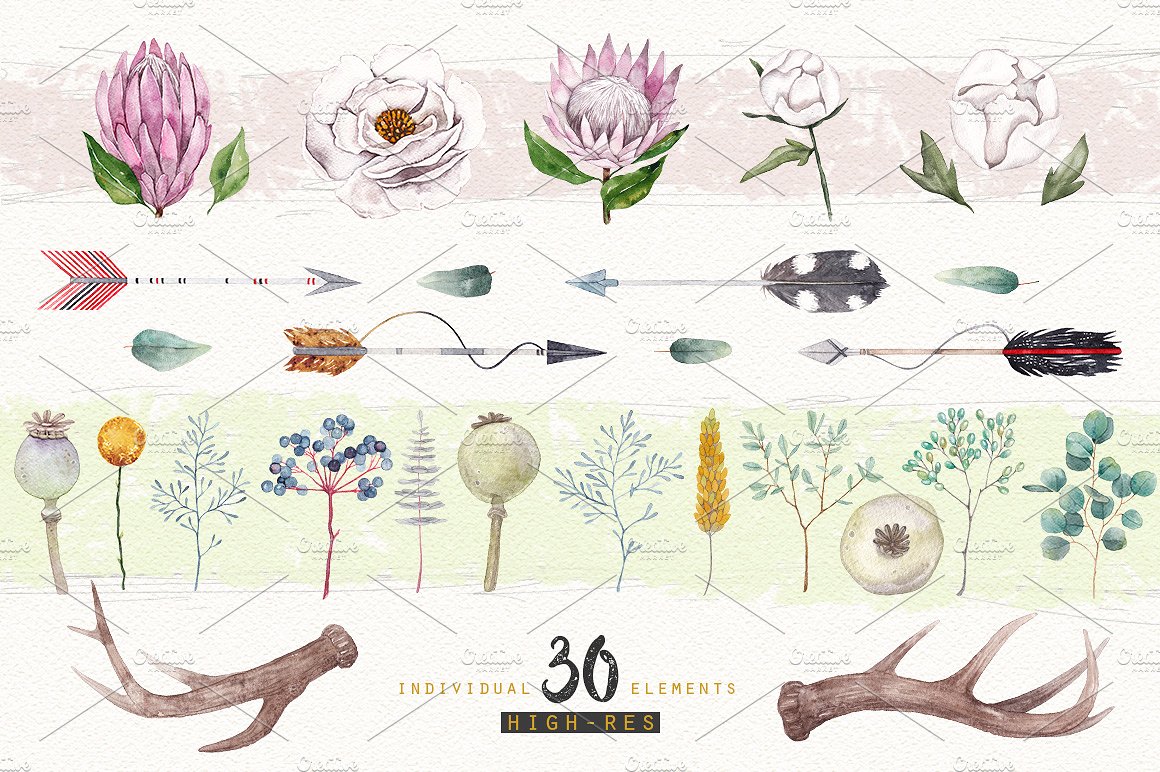 BOHO FLOWERS watercolor set (160425) | Illustrations | Design Bundles