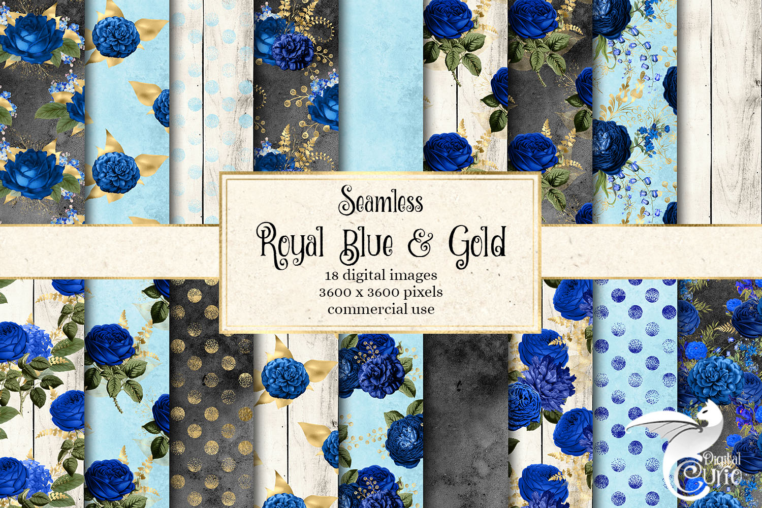 Royal Blue and Gold Floral Digital Paper