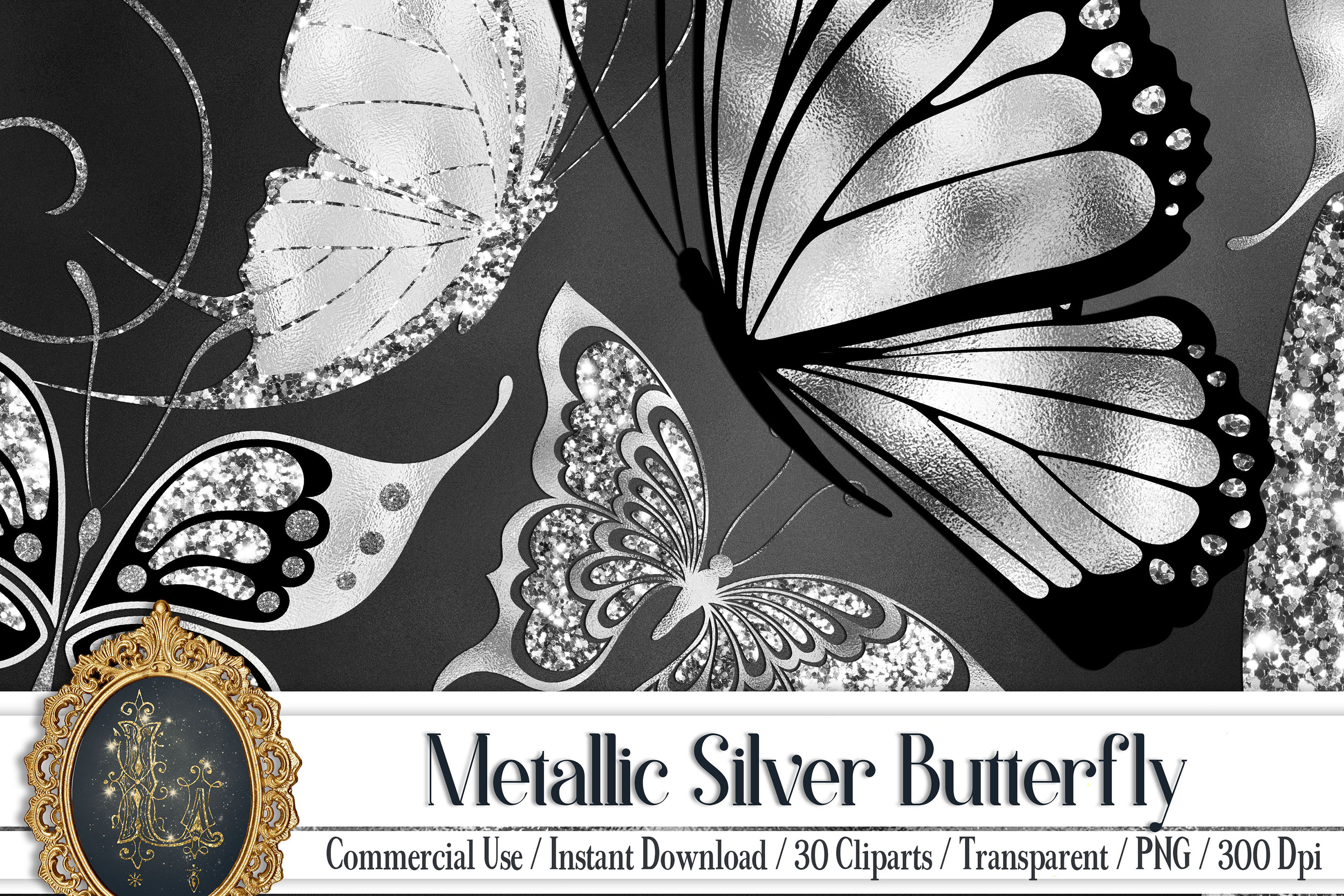 30 Metallic Silver Foil and Glitter Butterfly Digital Images (238314 ...