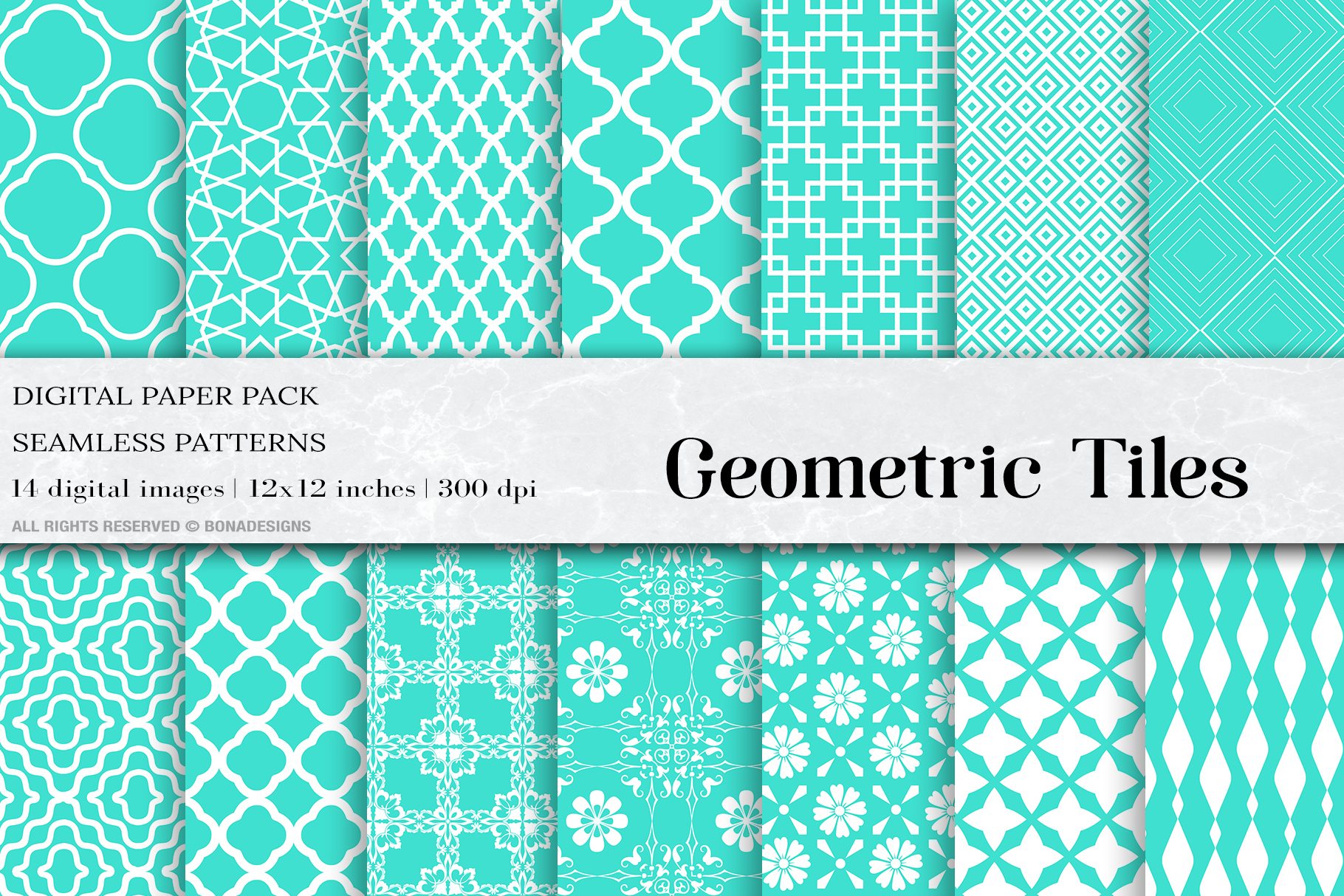 Turquoise Geometric Tiles Seamless Patterns