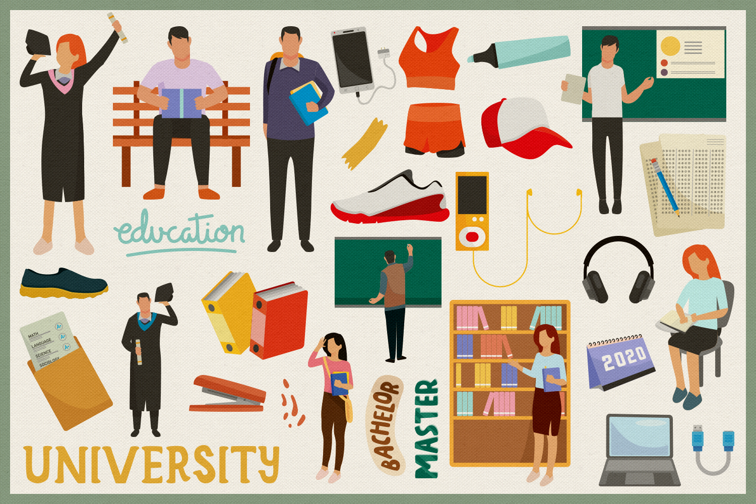 University Student Vector Clipart and Seamless Pattern