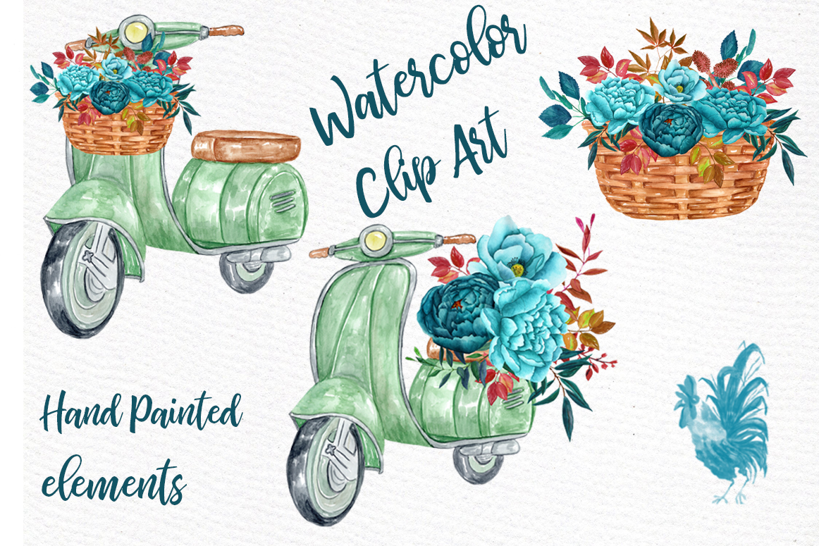 Watercolor teal flowers clipart (88484) | Illustrations | Design Bundles