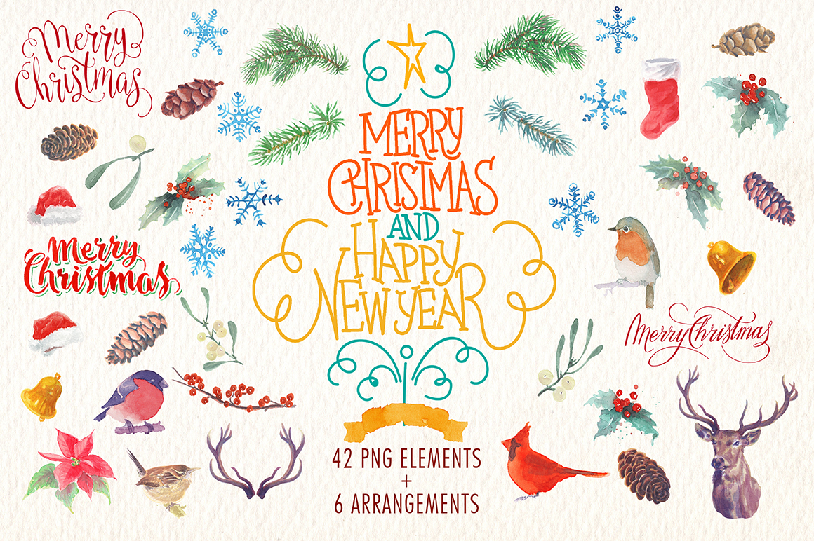 watercolor christmas png elements (66199) | Illustrations | Design Bundles