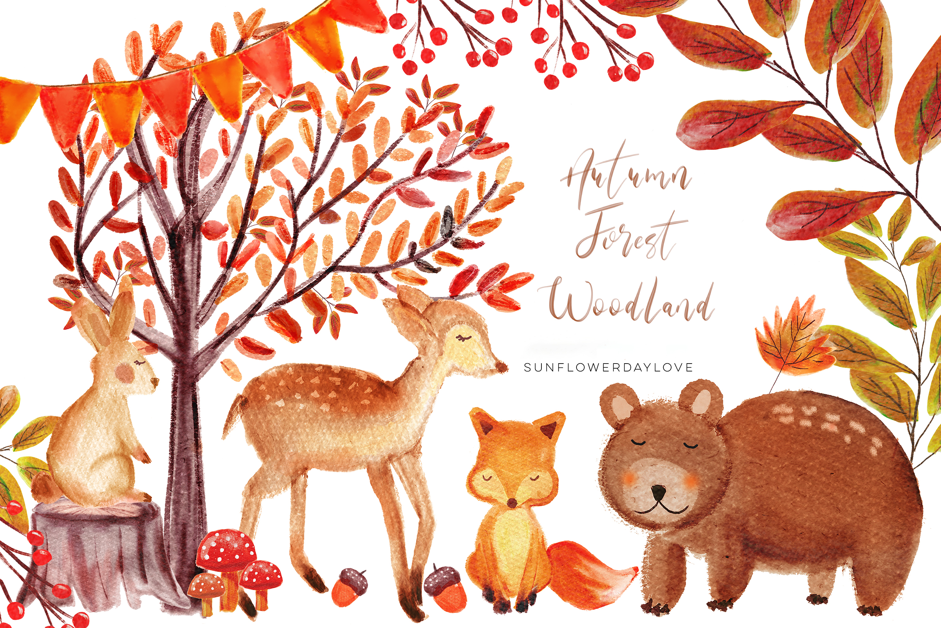 Autumn Forest Woodland clipart, Watercolor Bear deer Clipart (294116 ...