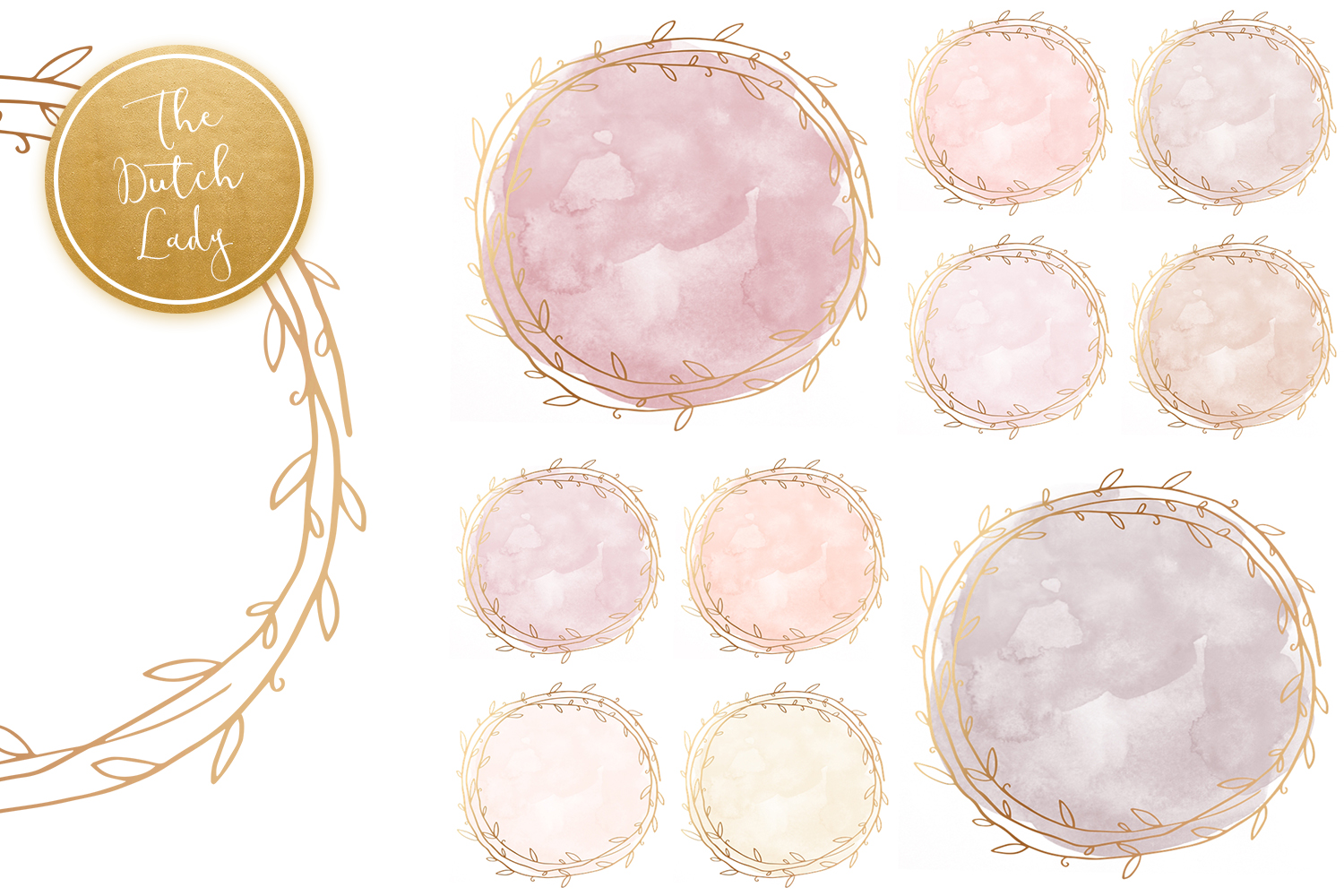 Watercolor Circle & Floral Border Clipart Set