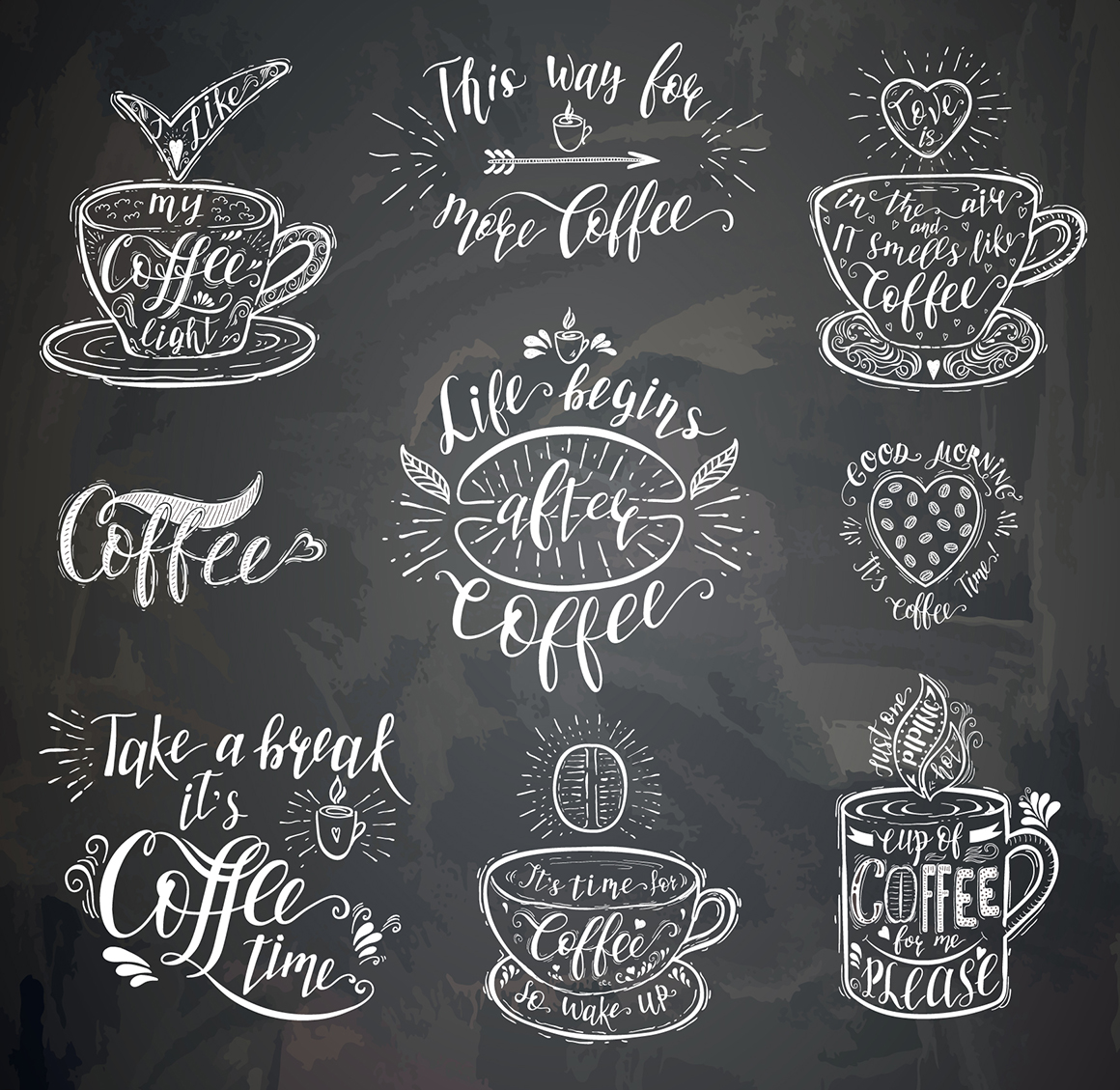 Set of Quotes for coffee. Lettering.