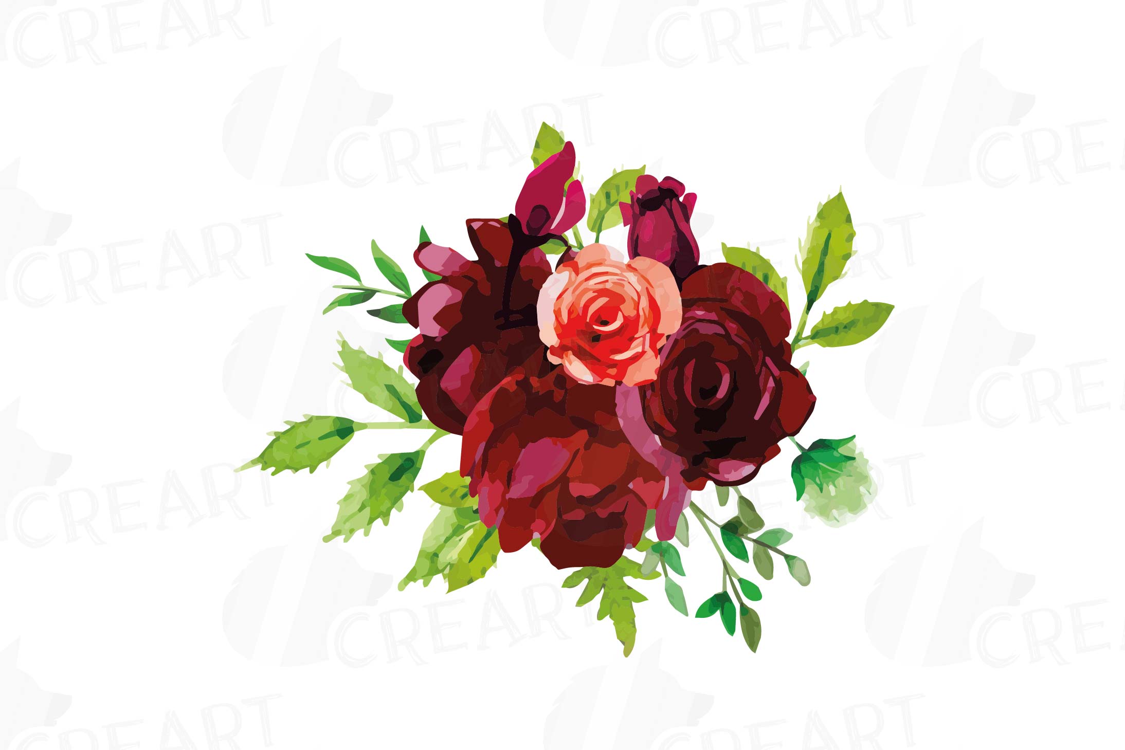 Watercolor Red and Burgundy Roses and leafs clip art pack (146477 ...