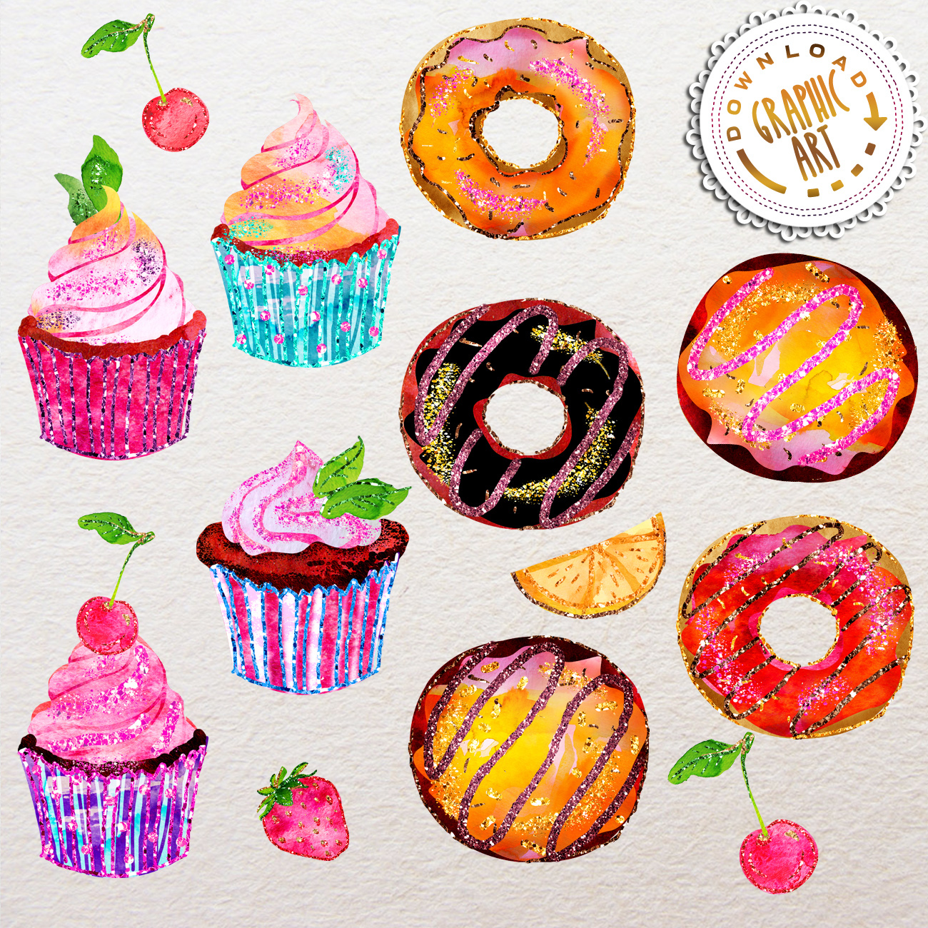Cupcake and Donut Clip Art (111515) | Illustrations | Design Bundles