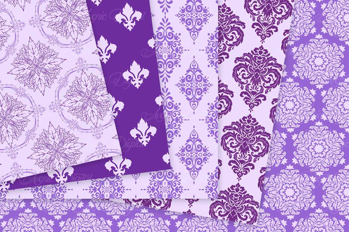 28 Purple Damask Patterns - Seamless Digital Papers Bundle