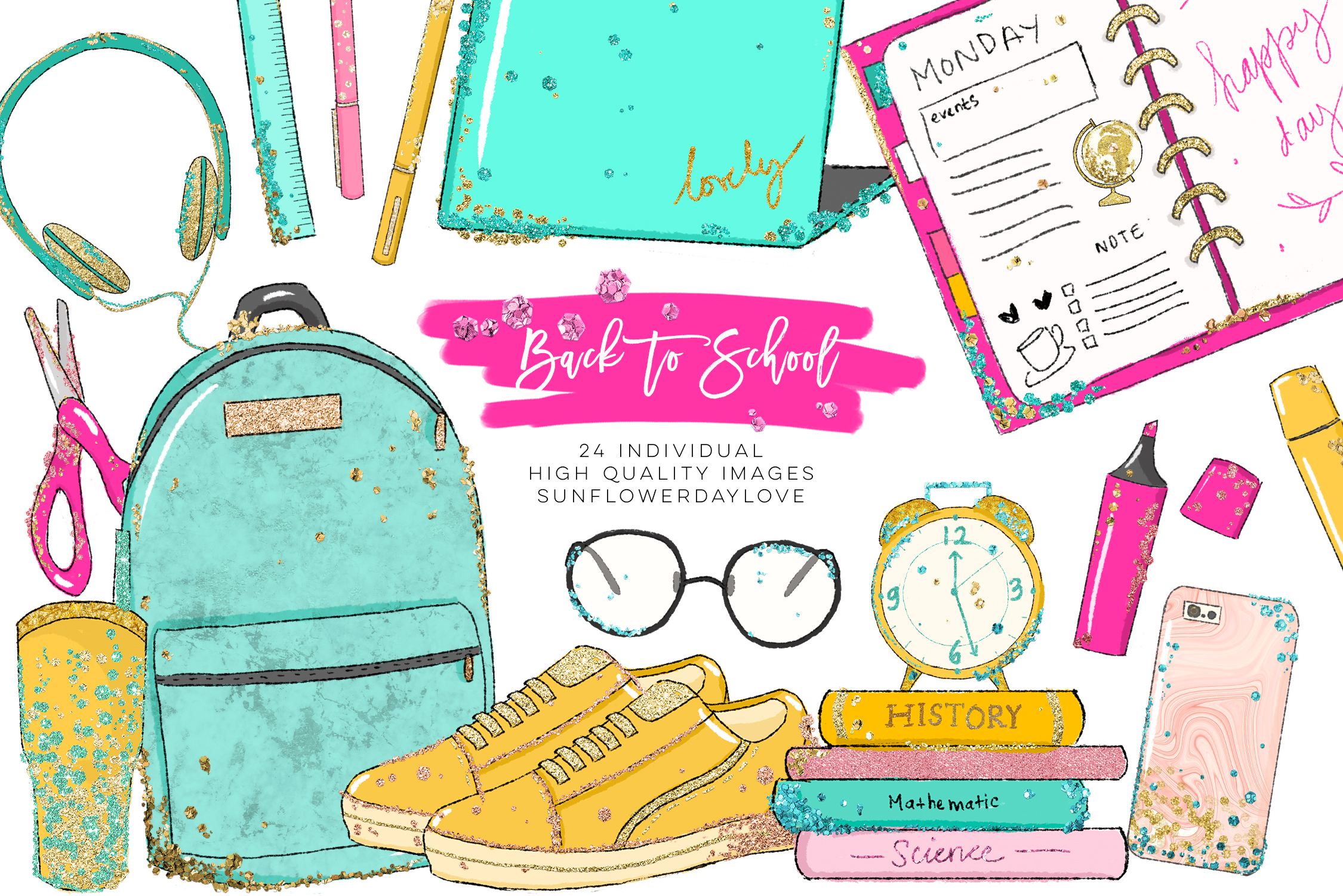 Back to School planner clipart, Watercolor School Clipart