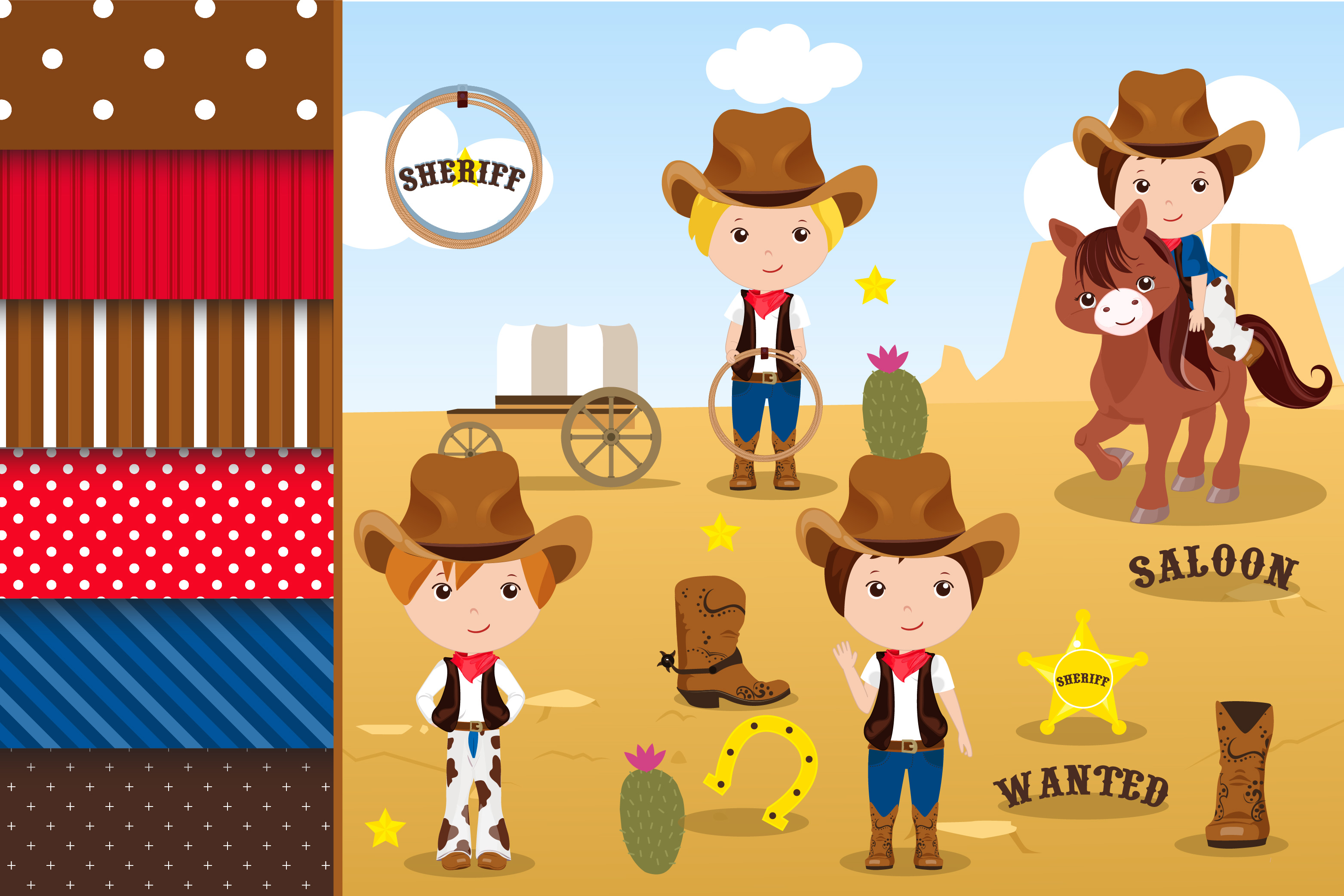 Cowboy illustration, Cowboy digital papers