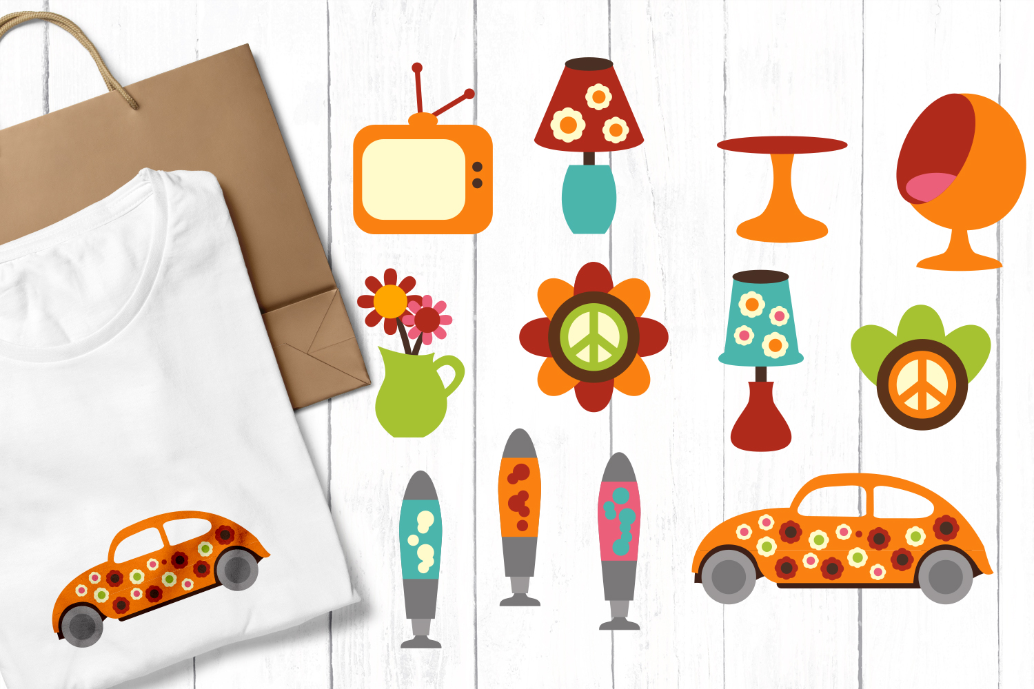 Retro 60s 70s life clip art illustrations bundle