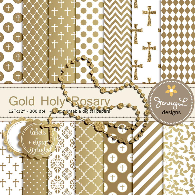 Gold Rosary Baptism Digital Papers and Clipart, First Communion ...