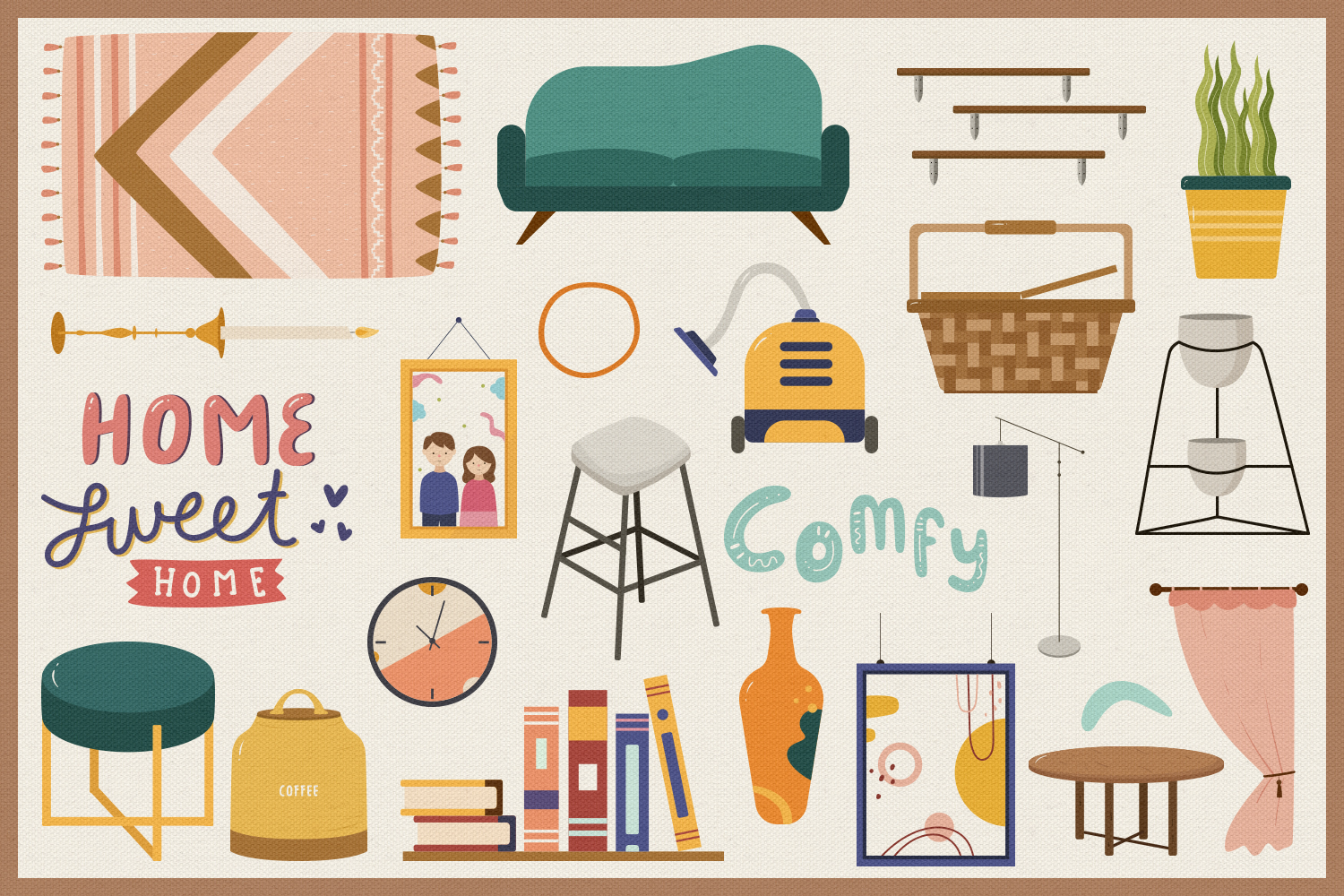 Home Interior Vector Clipart and Seamless Pattern