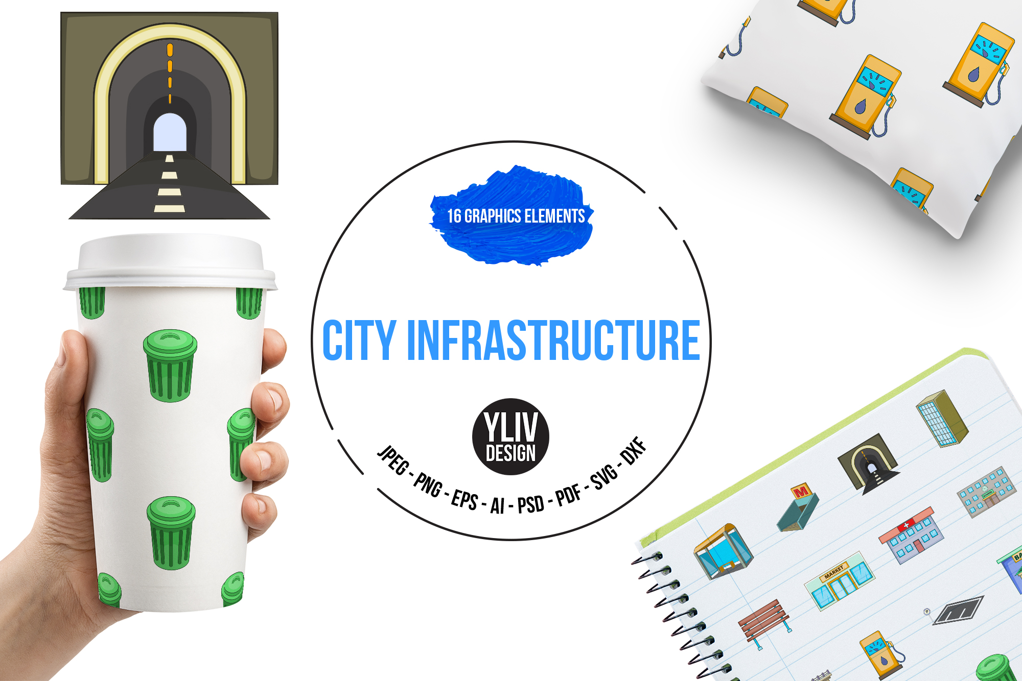 City infrastructure icons set, cartoon style