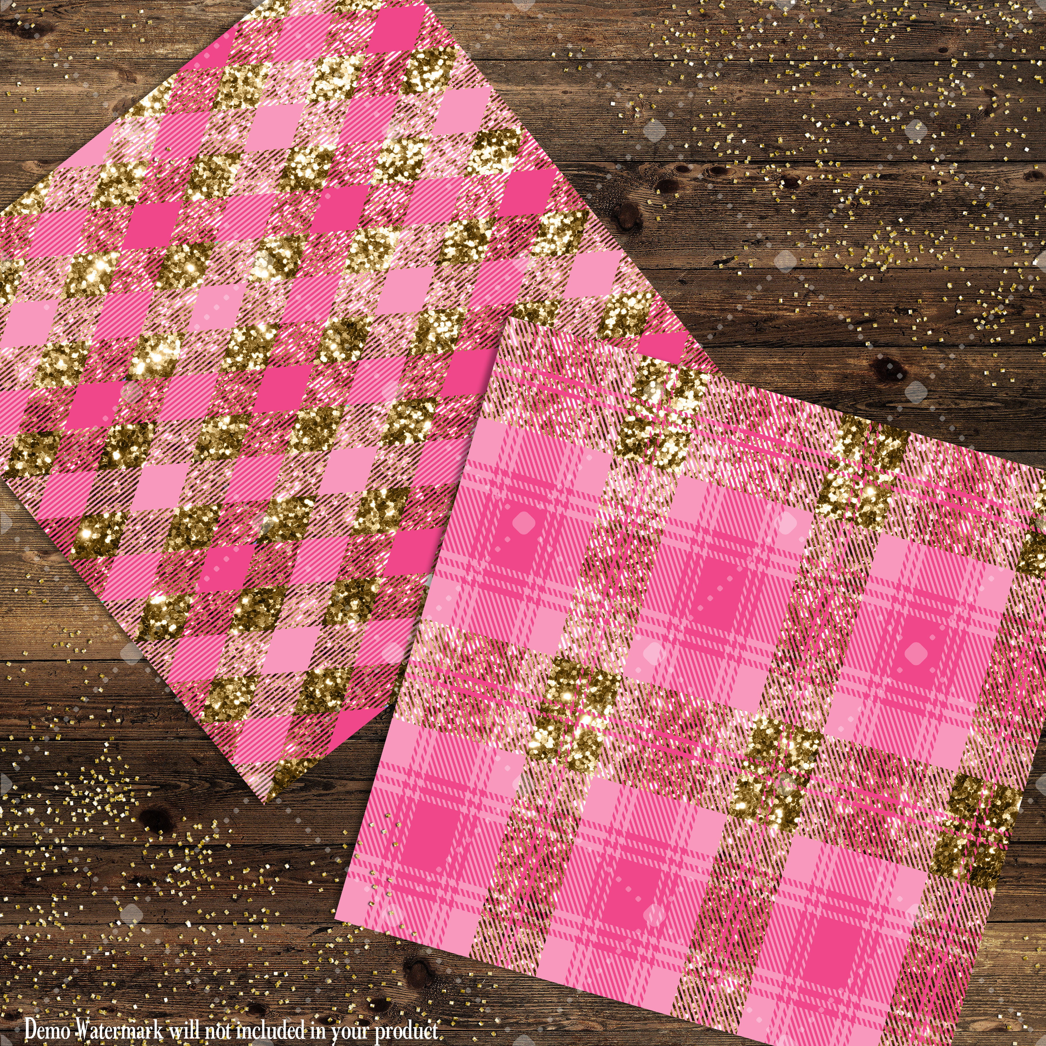 16 Luxury Gold and Pink Glitter Plaid Tartan Digital Papers