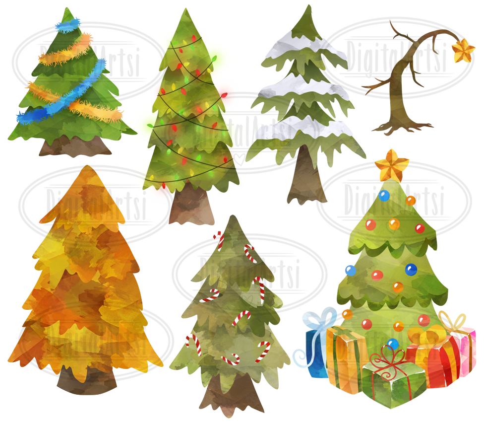 Watercolor Christmas Tree Clipart (181673) | Illustrations | Design Bundles