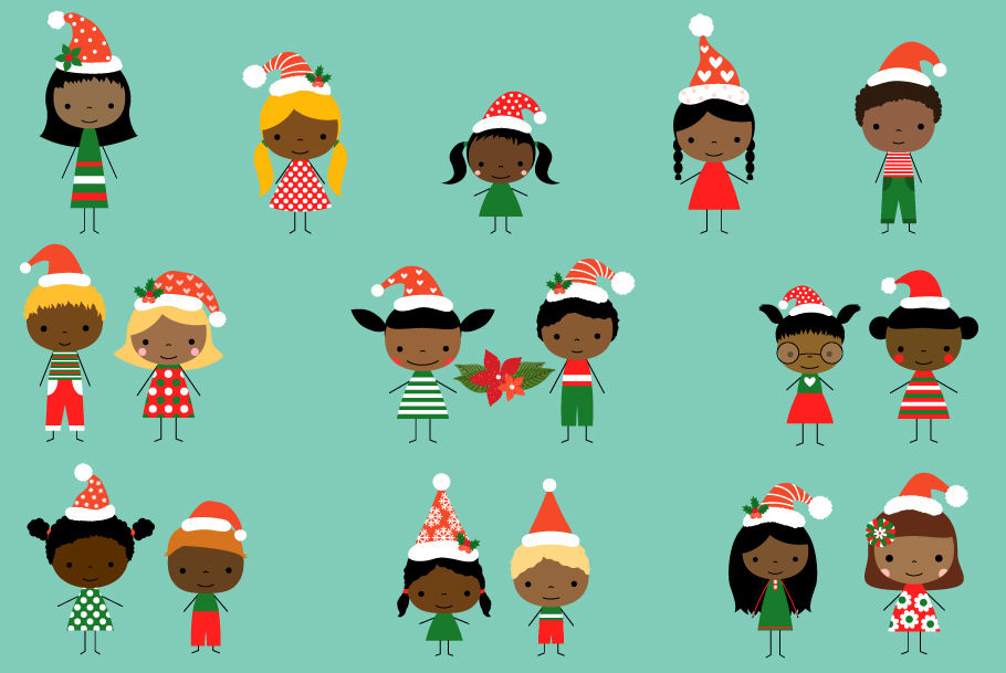 Cute Christmas Stick Figures Clipart with Santa Hats