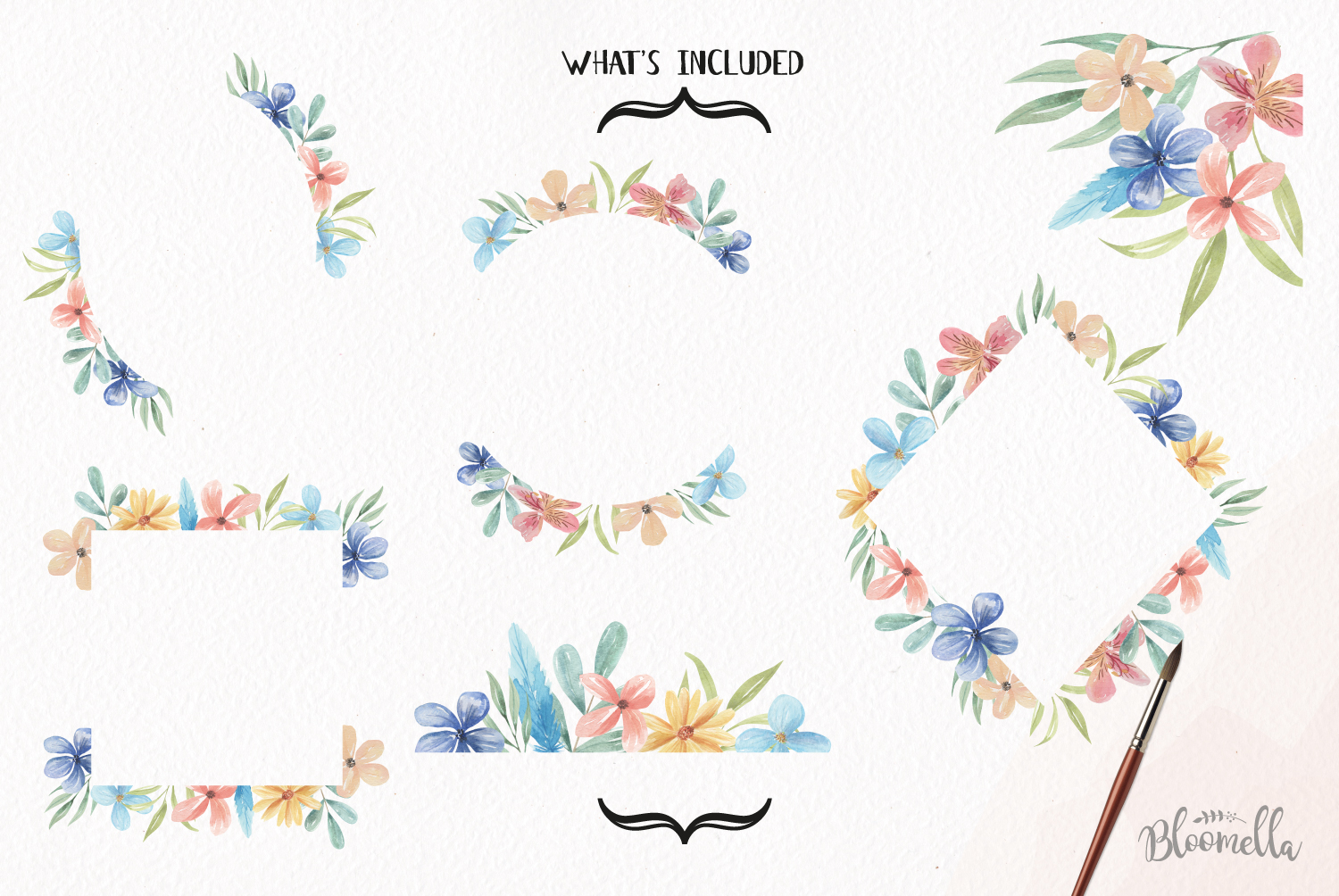 Watercolor Frames Borders Flowers Blue Pastel Set