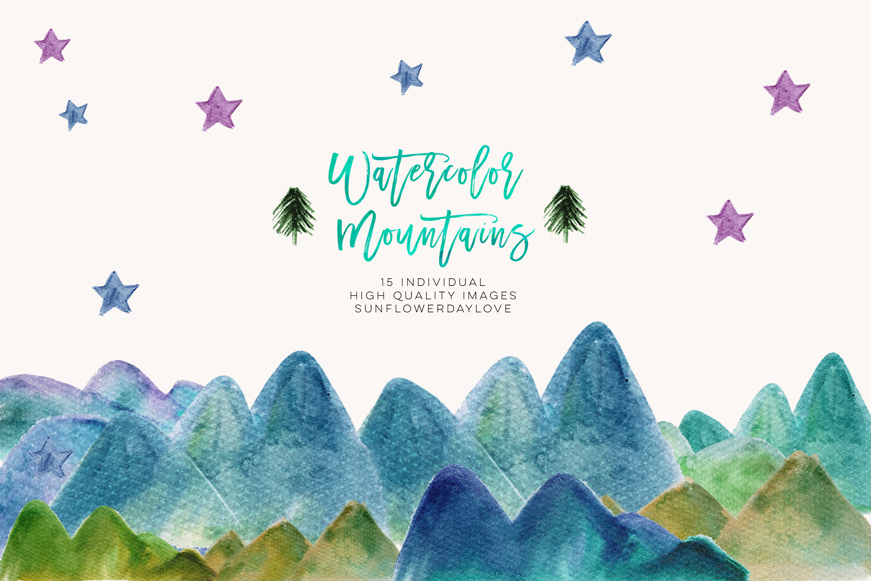 Watercolor Mountain Borders Clip Art, Mountain Forest Green