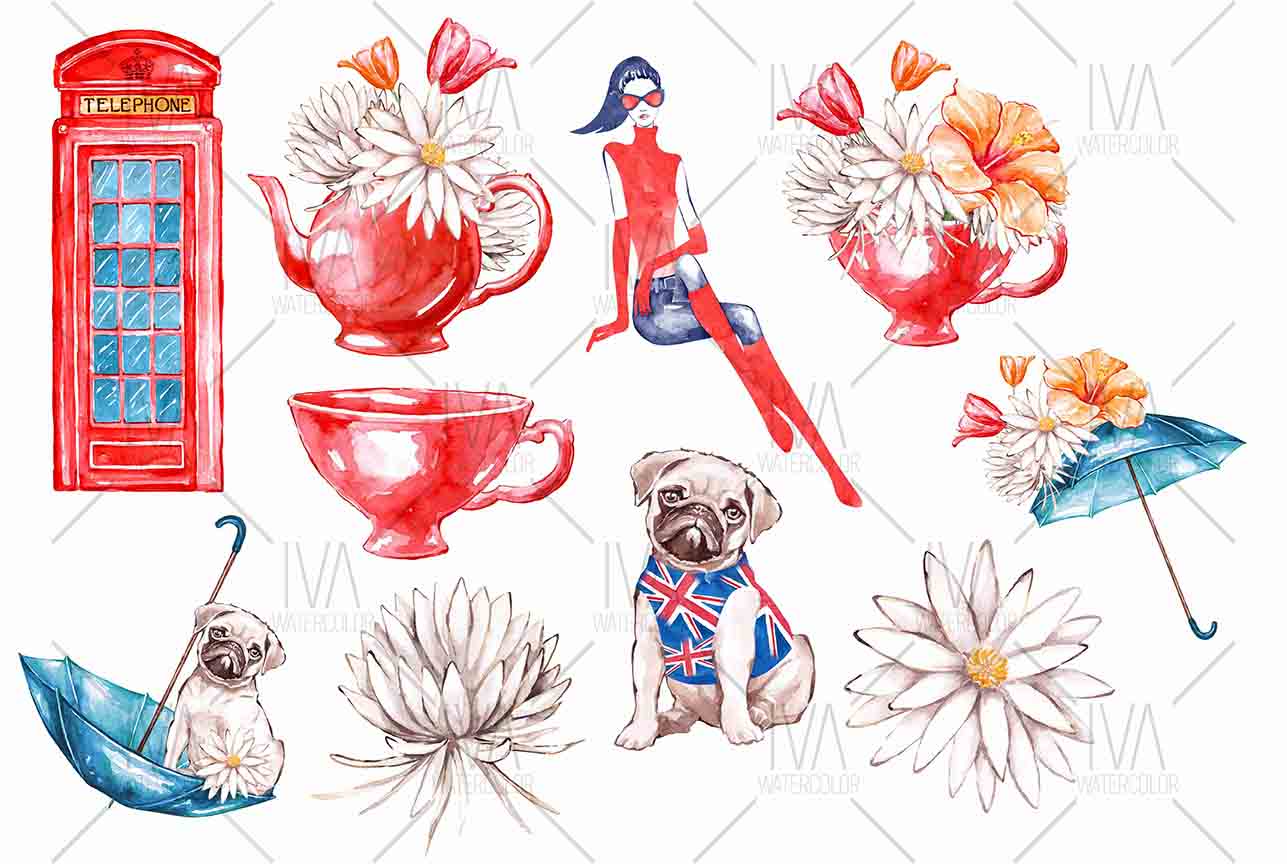 London Clipart, Travel watercolor Clipart