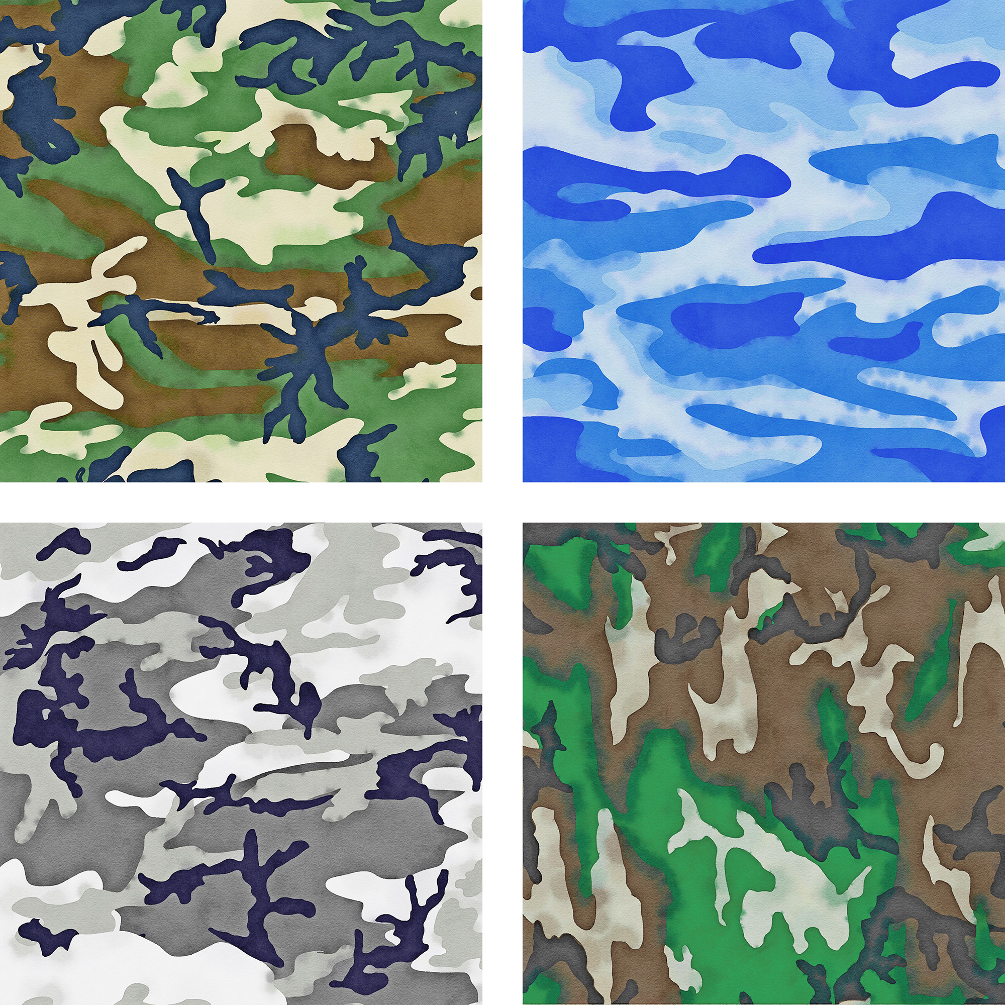 Watercolor Army Digital Paper, Camouflage Backgrounds (303601 ...