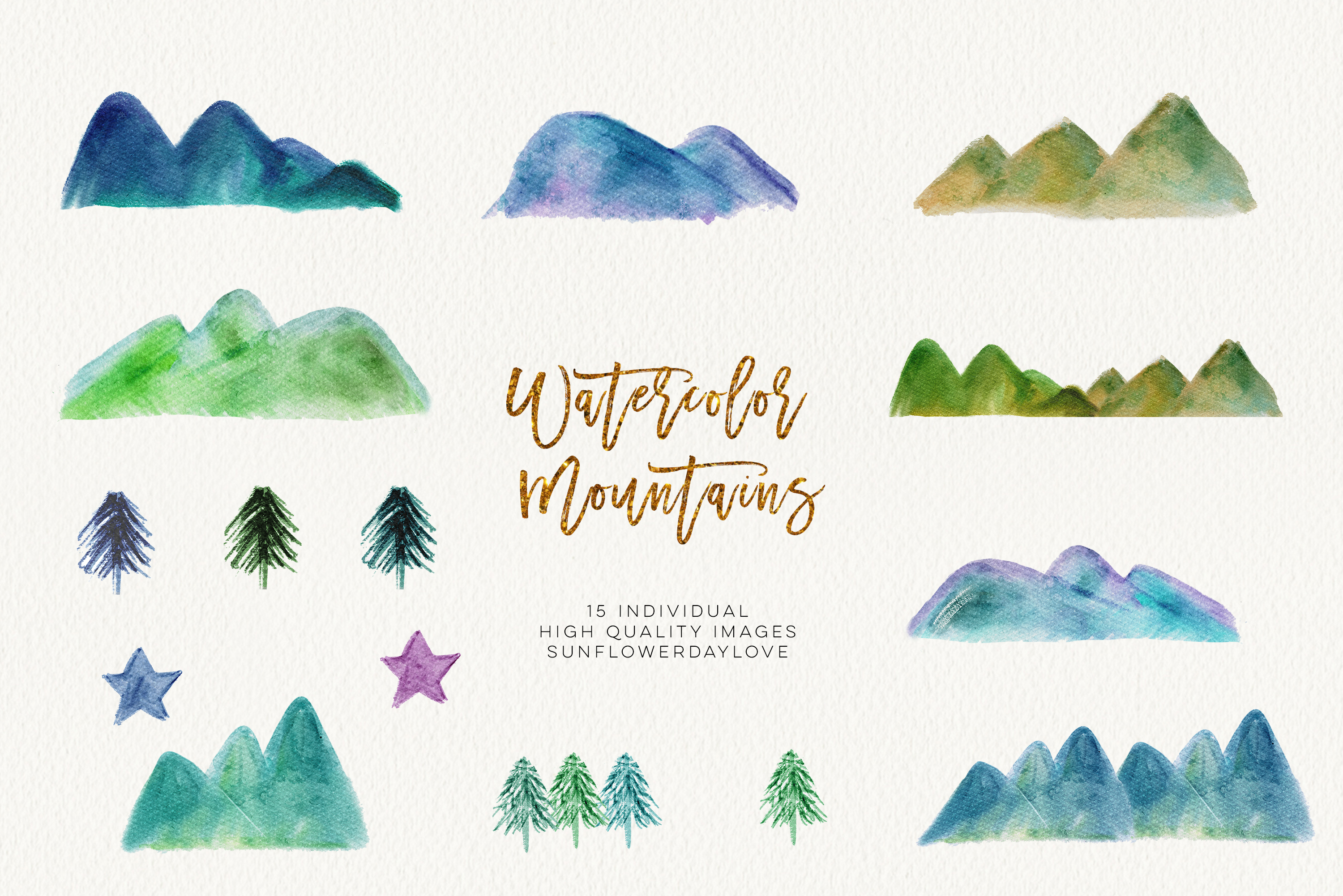 Watercolor Mountain Borders Clip Art, Mountain Forest Green