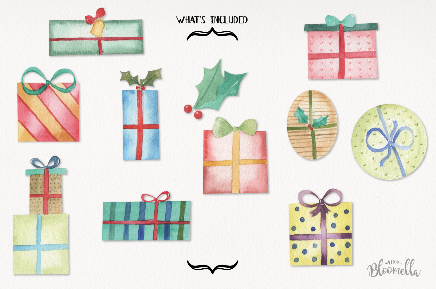 Christmas Watercolor Gifts Presents Bows Elements Bows Holly