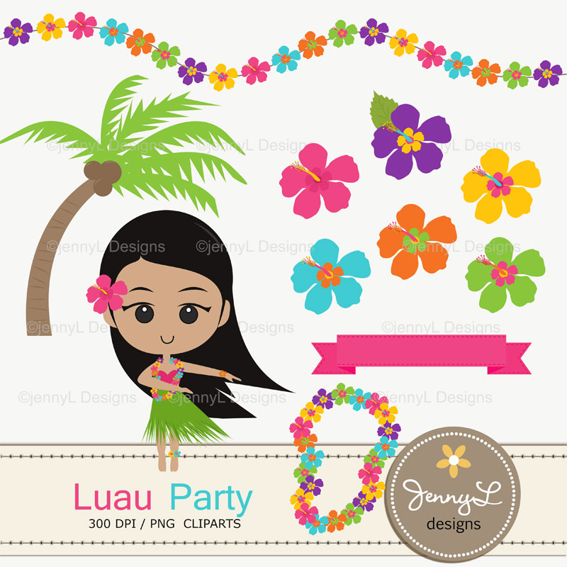 Luau Party Digital Paper and Hibiscus Flower clipart SET (83007 ...