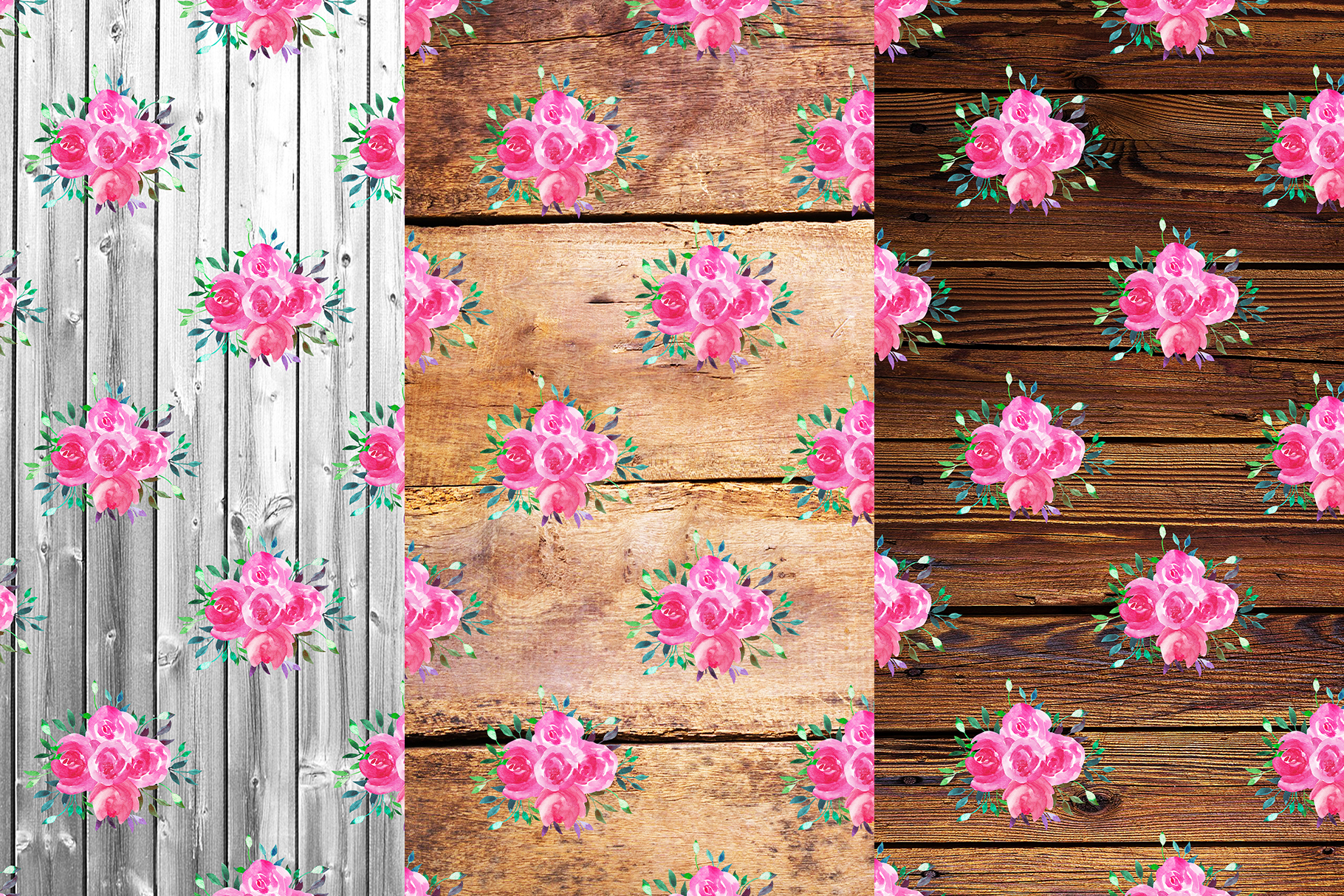 Wood Digital Papers, Floral Wood Backgrounds, Rustic Wood
