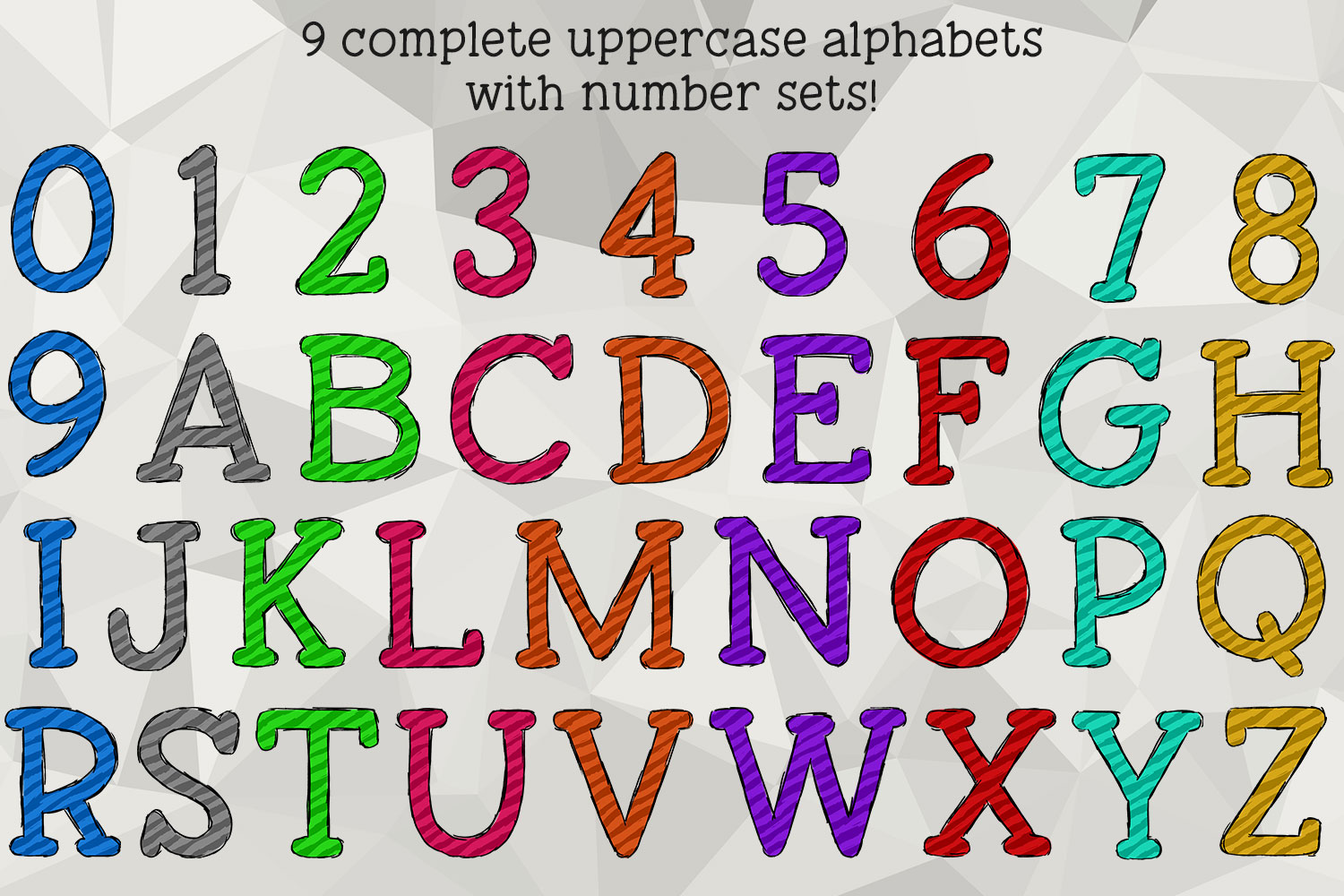 9 colorful pattern PNG alphabets for sublimation and print!