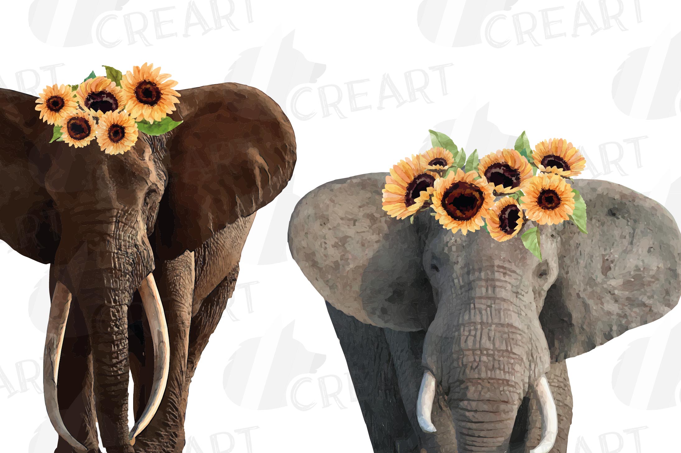 Elephant with sunflower crown printable decoration clip art