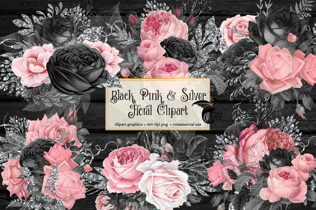 Black Pink and Silver Floral Clipart