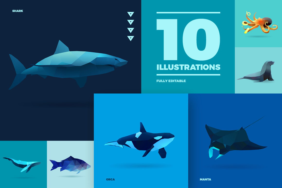 Ocean Polygonal Animals (35496) | Illustrations | Design Bundles