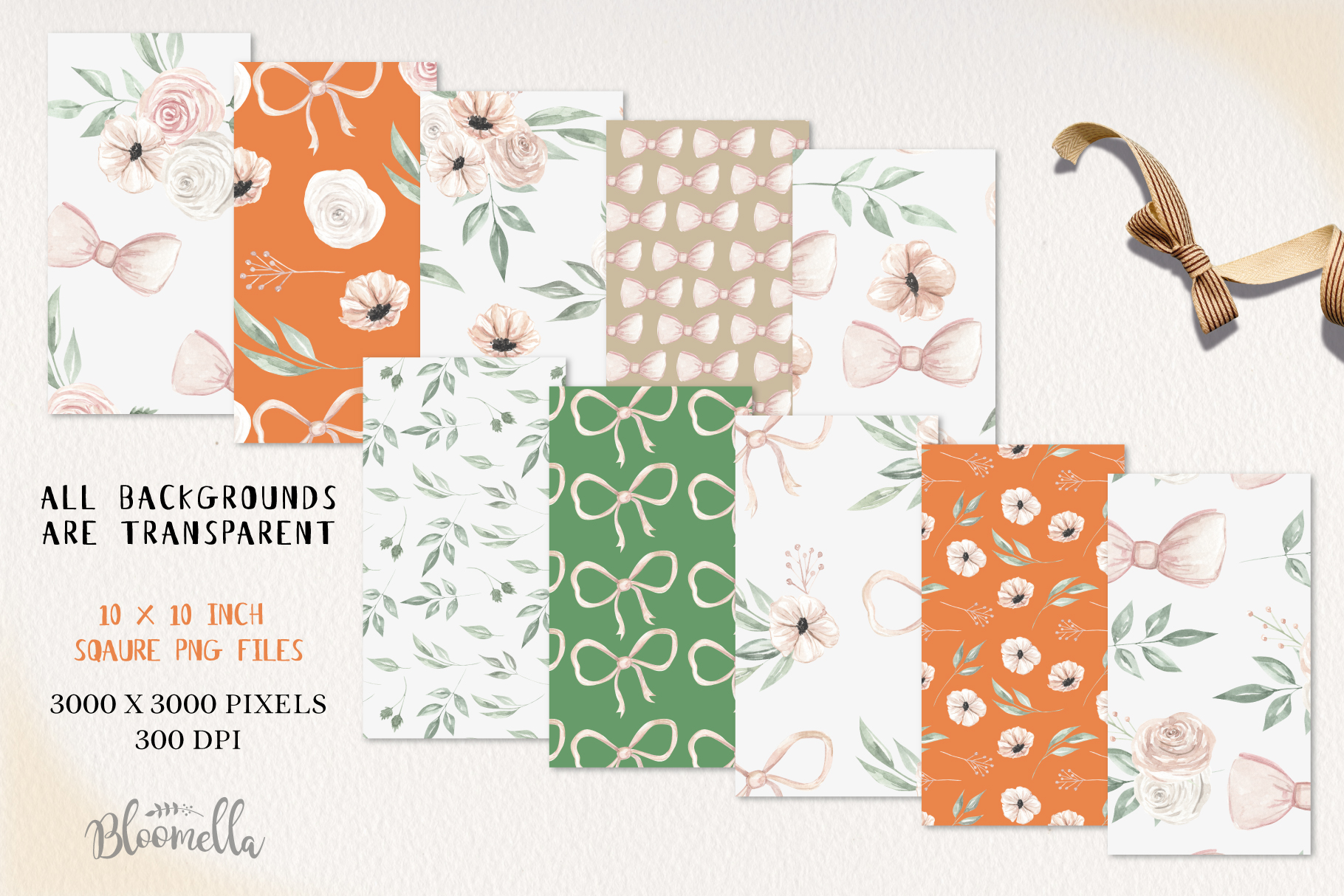 Wedding Seamless Patterns Digital Papers Cream Bows Floral