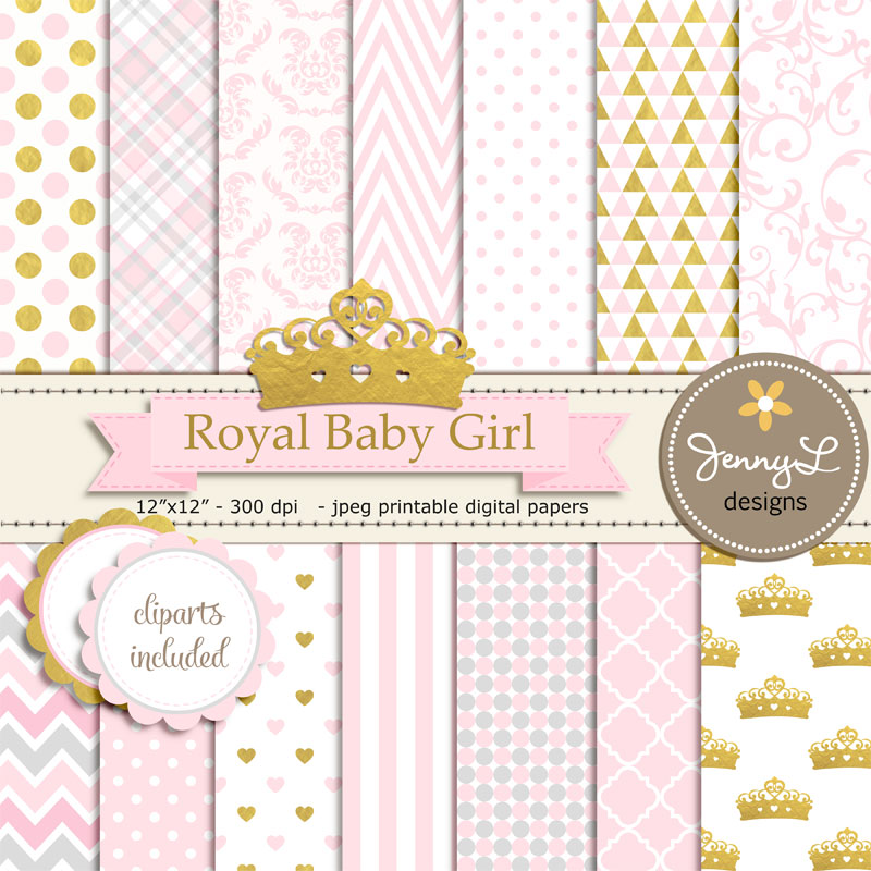 Gold Crown Digital papers and Crown Clipart, Royal Princess Girl Baby ...