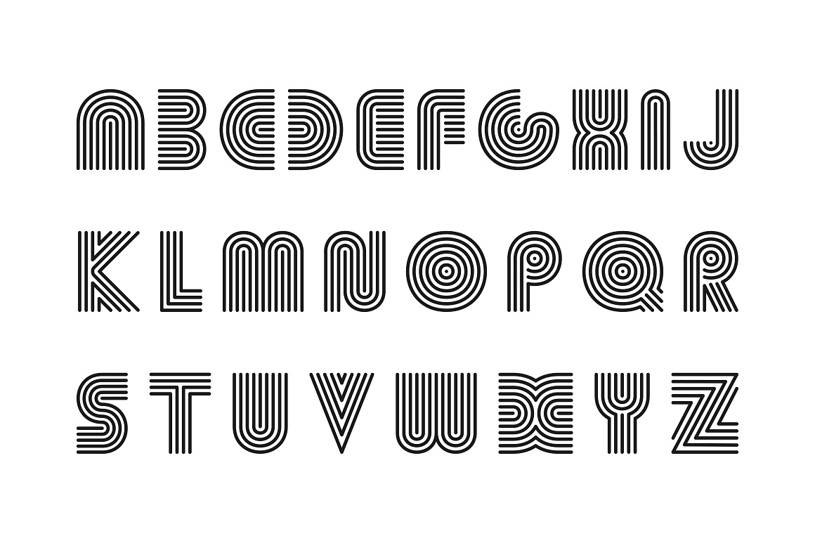 Vector striped alphabet. B&W letters