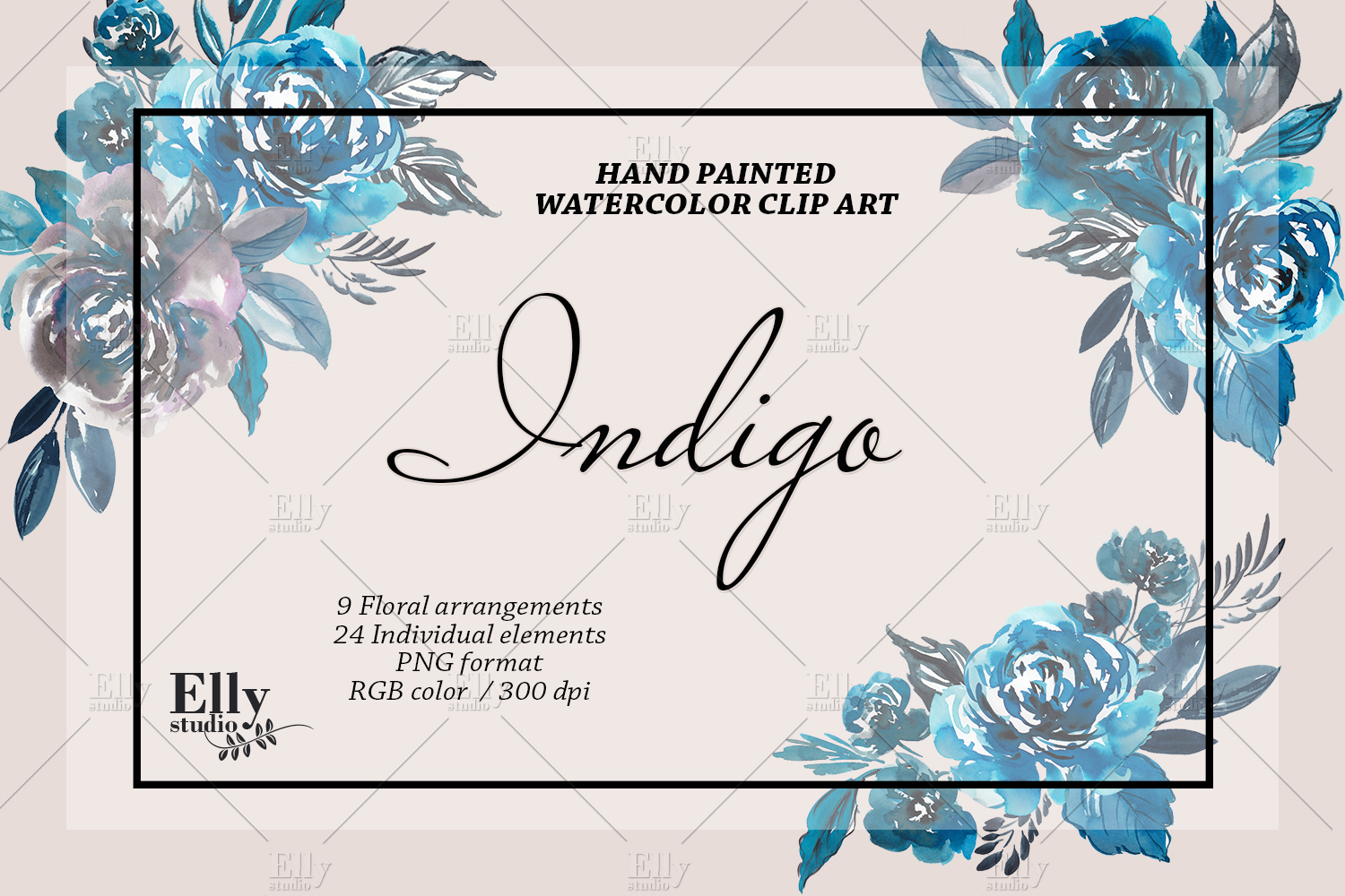 Watercolor Flowers Indigo Clipart