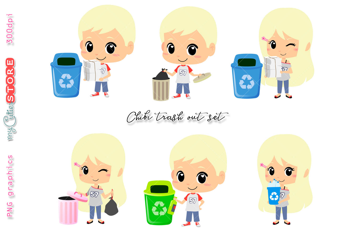 Collection of kids recycling and trash out clipart, kawaii clip art set ...