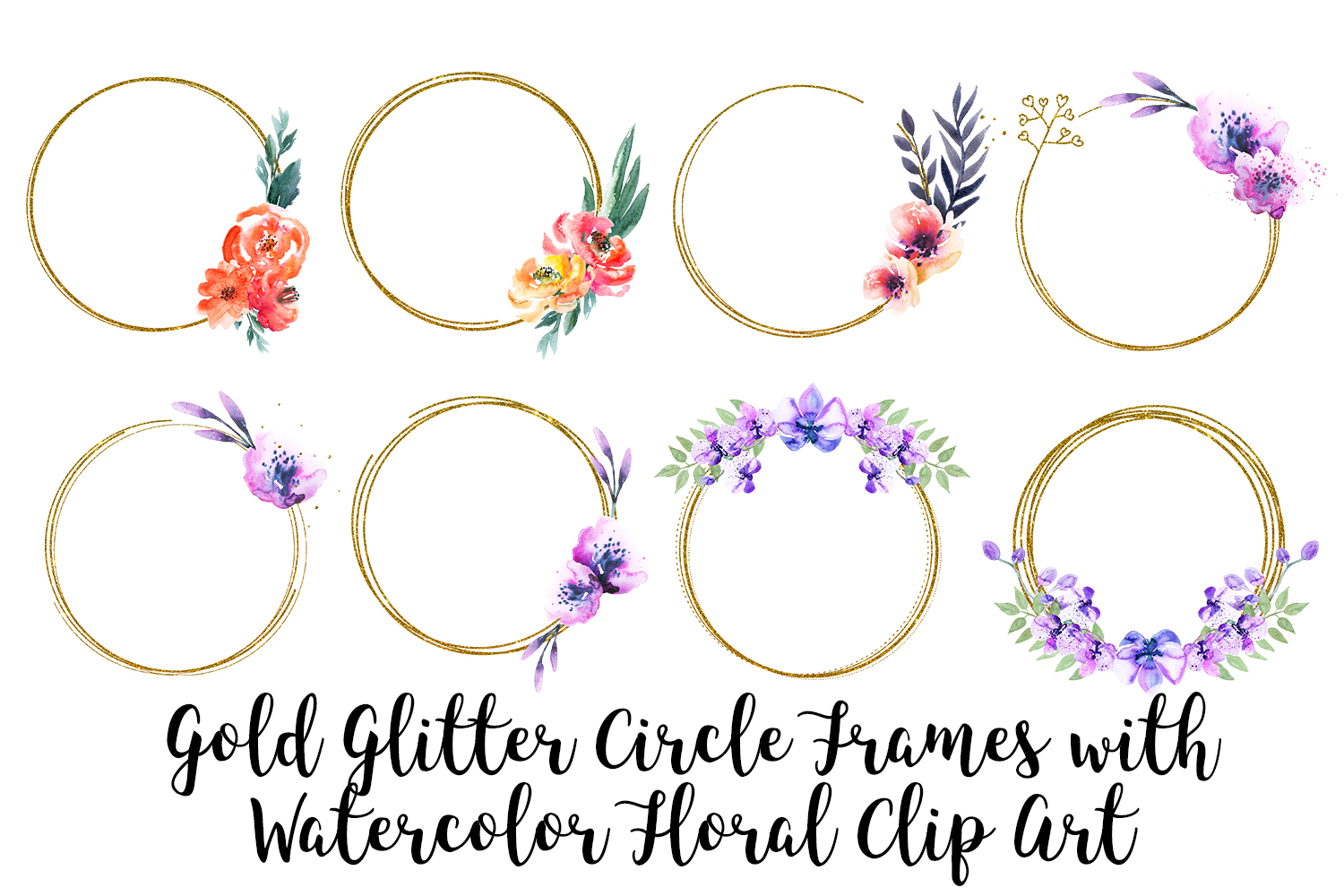Gold Glitter Circle Frames with Watercolor Floral Clip Art