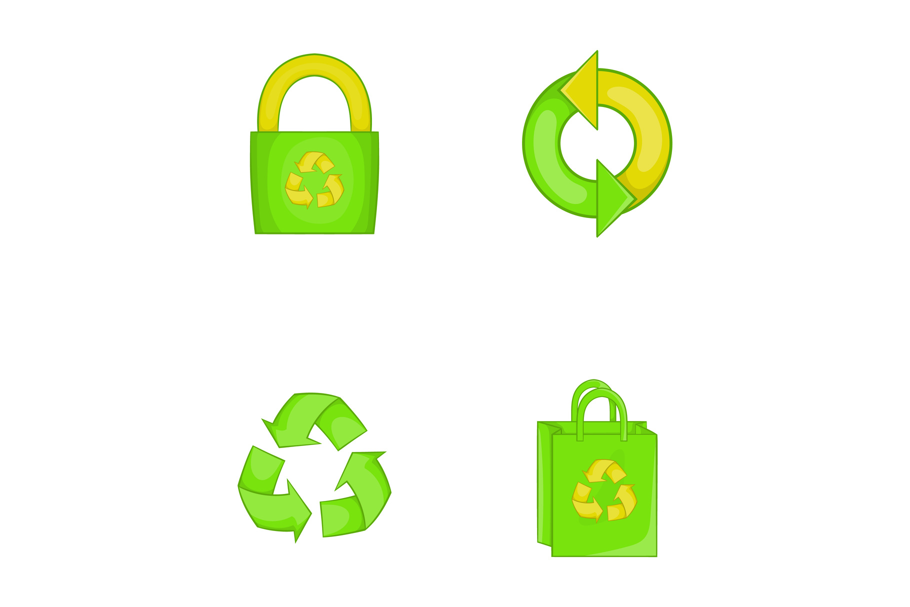 Recycle material icon set, cartoon style