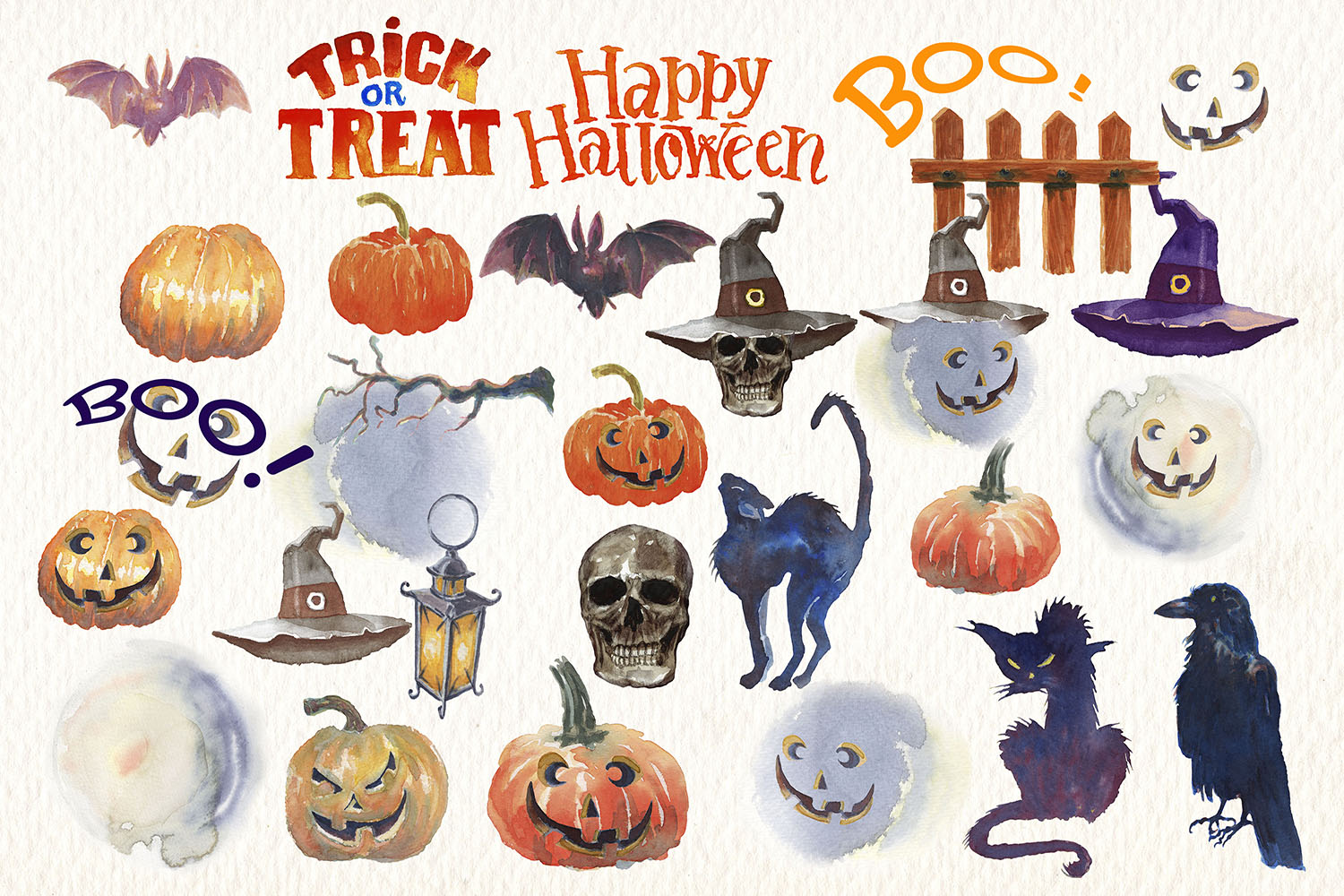 Happy Halloween watercolor clip art. Predesigned images. (146862 ...