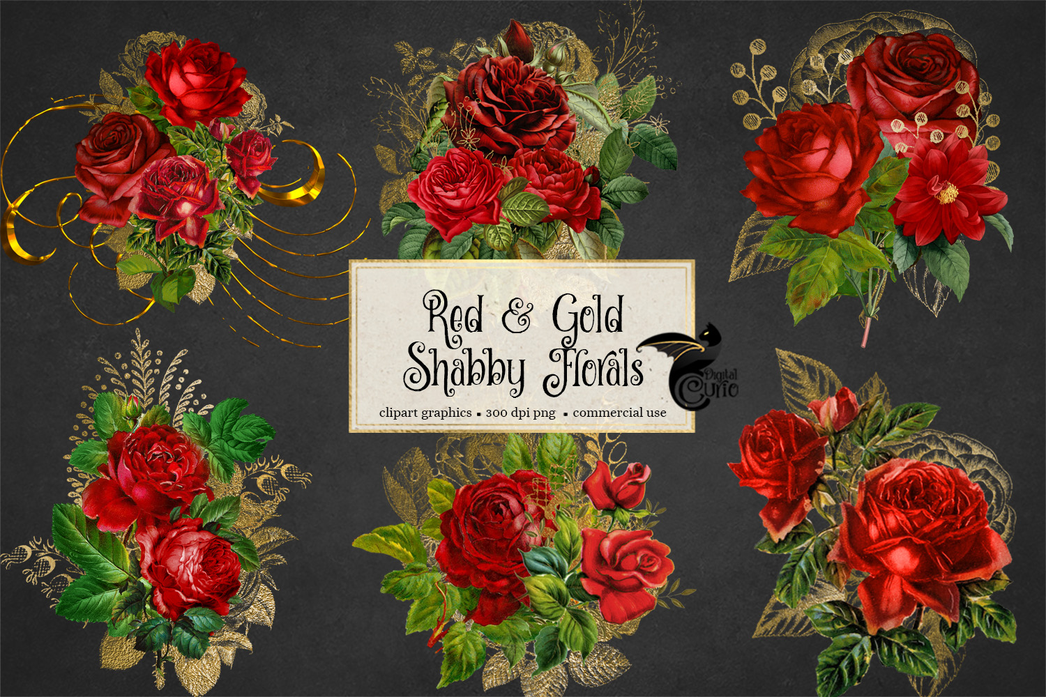Shabby Red and Gold Floral Clipart