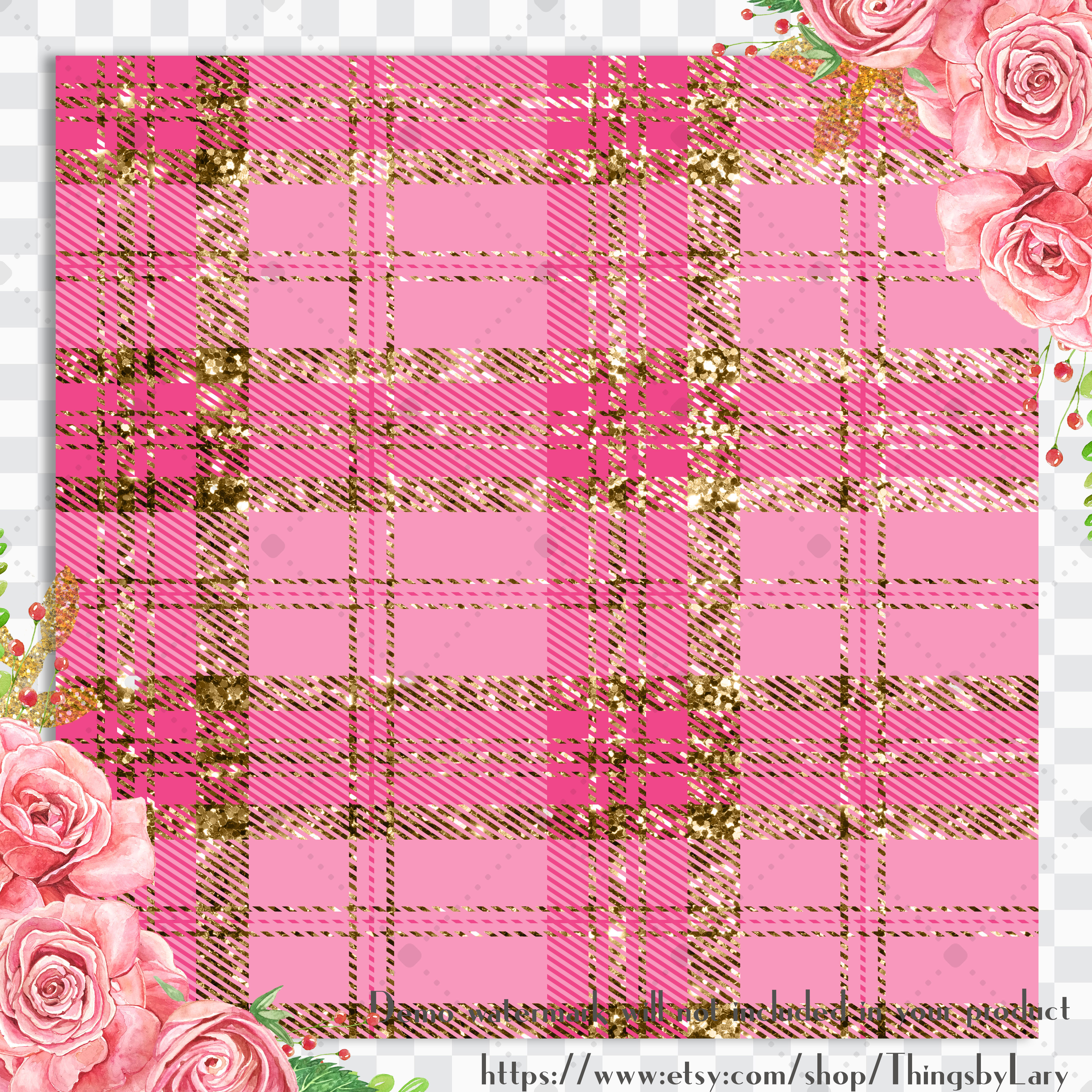 16 Luxury Gold and Pink Glitter Plaid Tartan Digital Papers