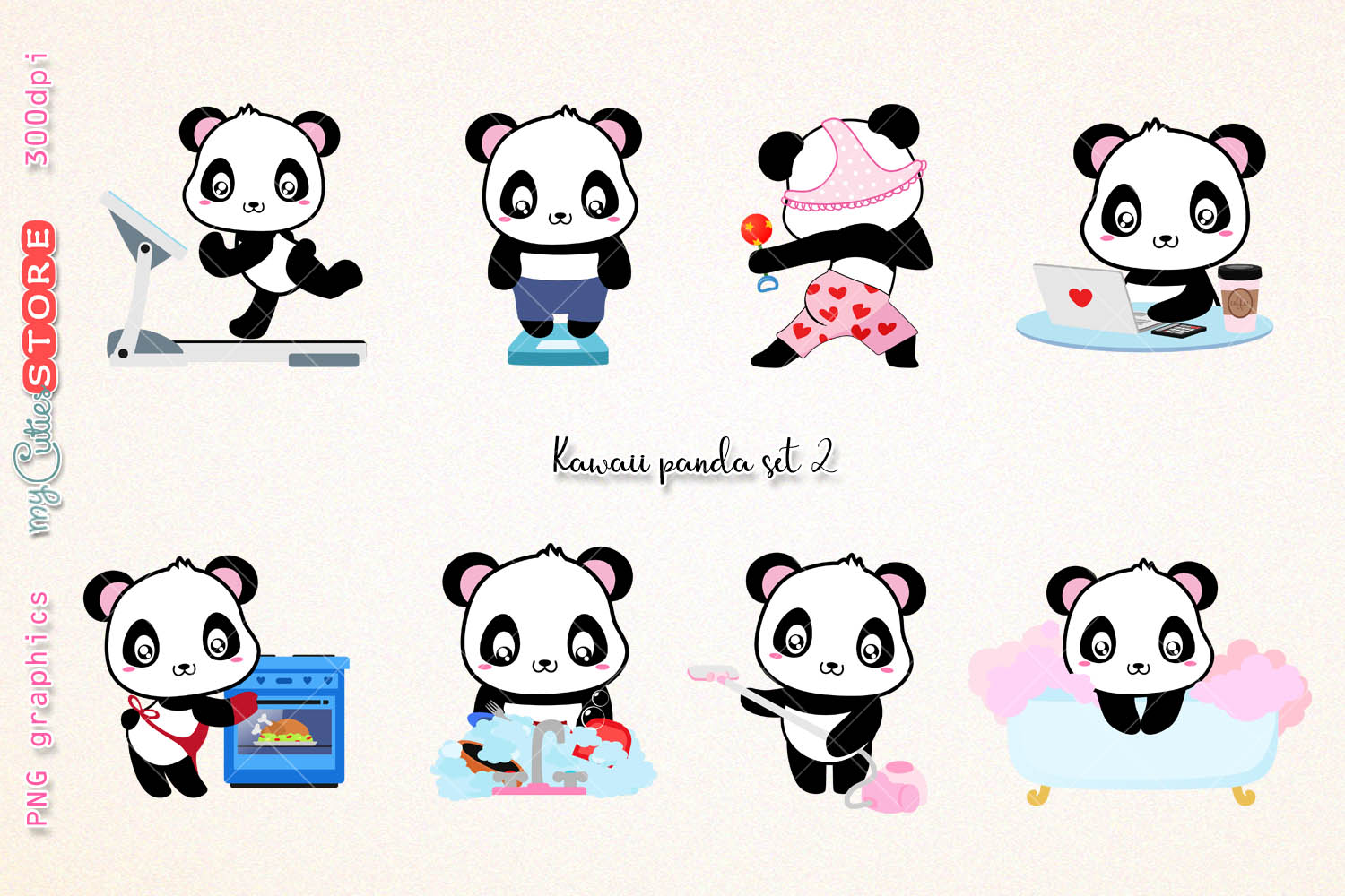 Kawaii panda clipart, PNG graphics collection, treadmill, weight scale ...