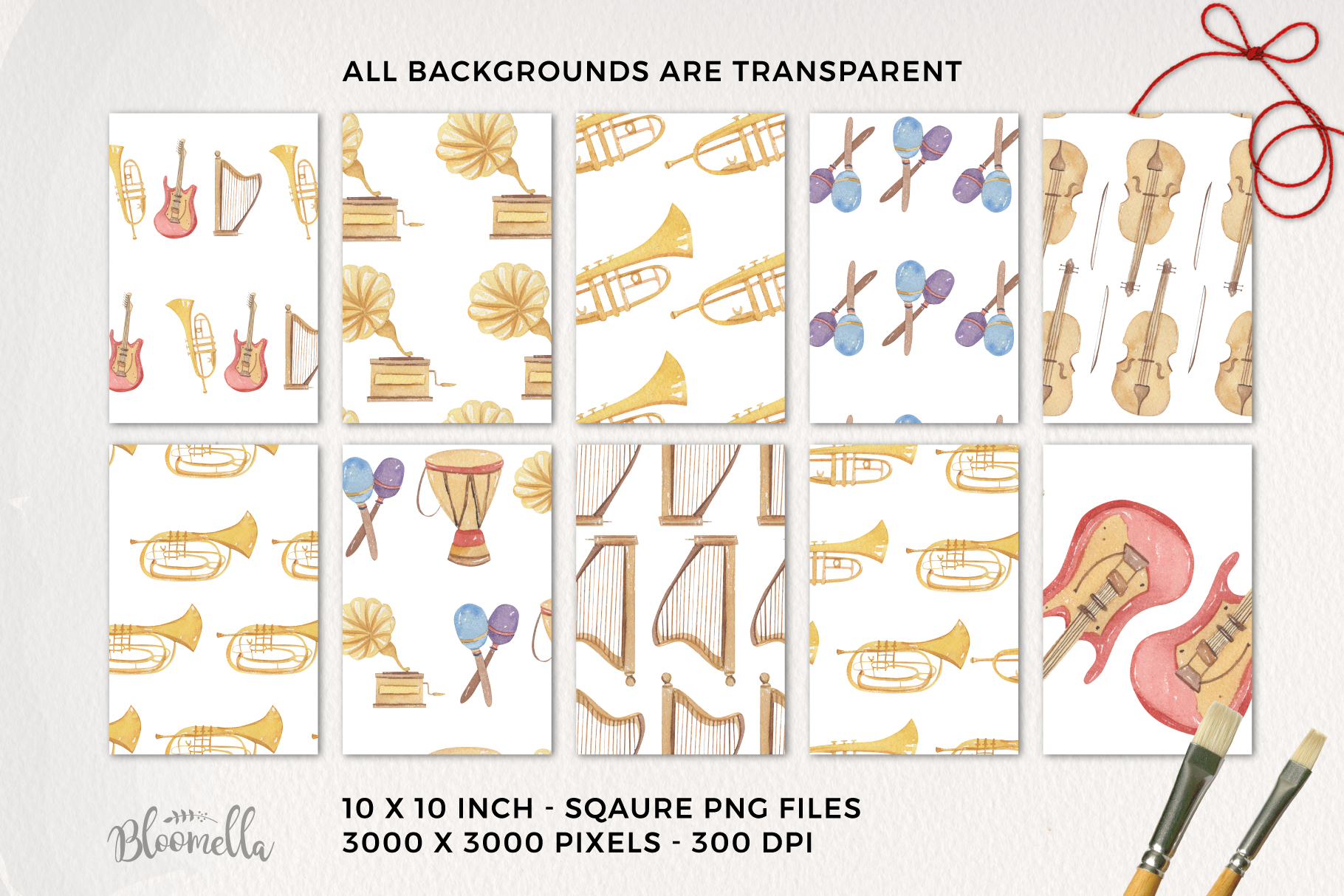 Music Instruments Seamless Patterns Digital Paper Watercolor