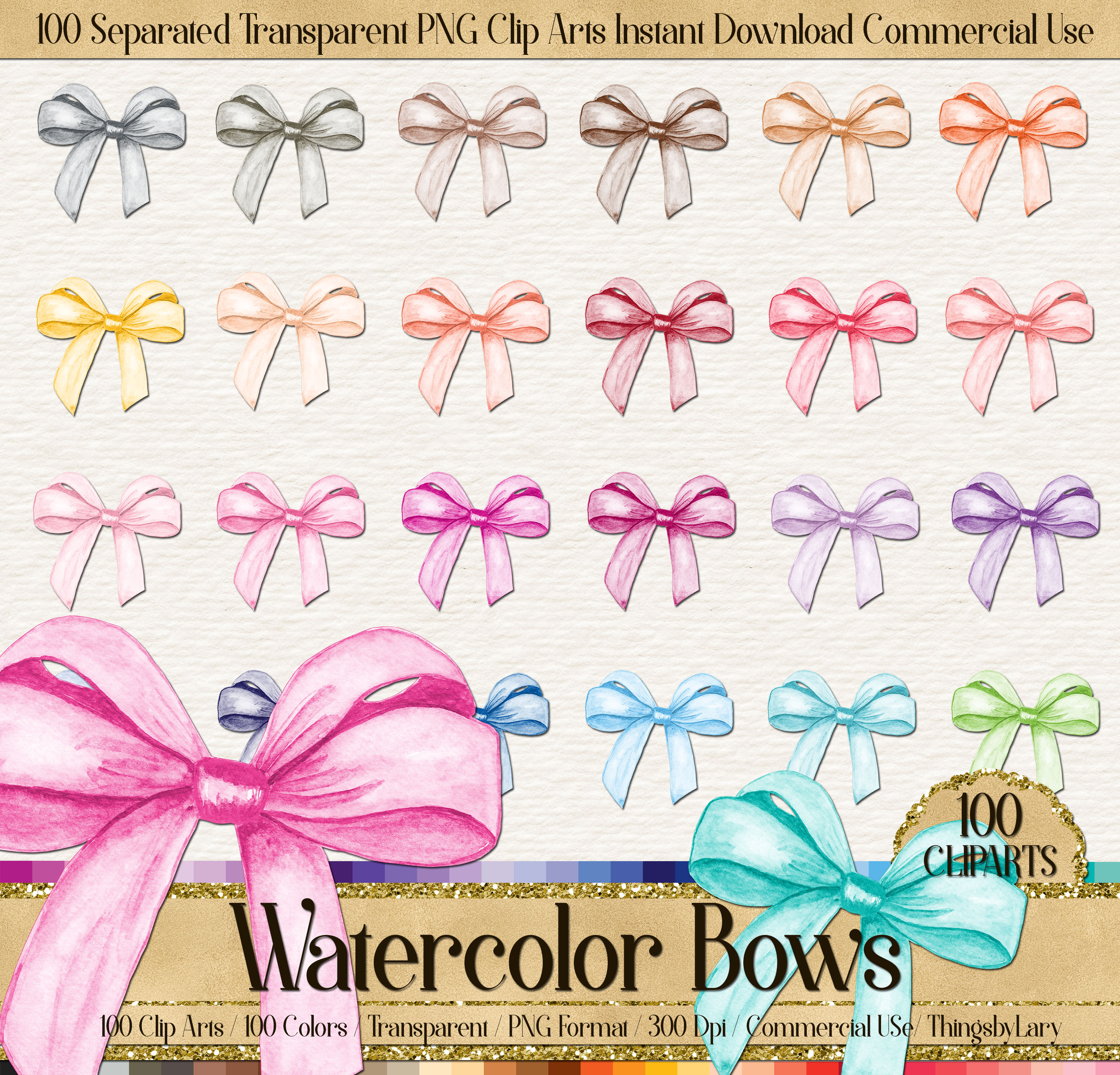 100 Hand Painted Watercolor Fancy Bow Clip Arts