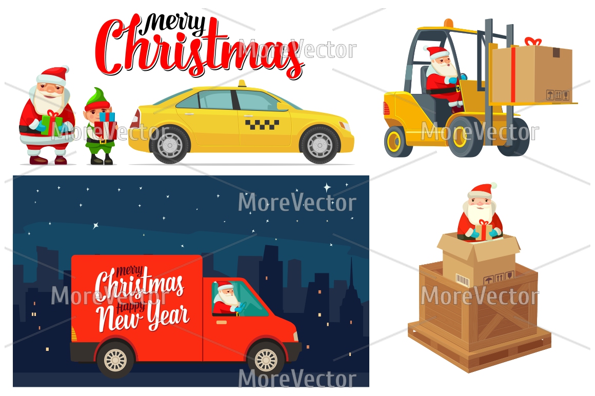 Logistic Santa Claus and elf with a gift. Forklift van taxi