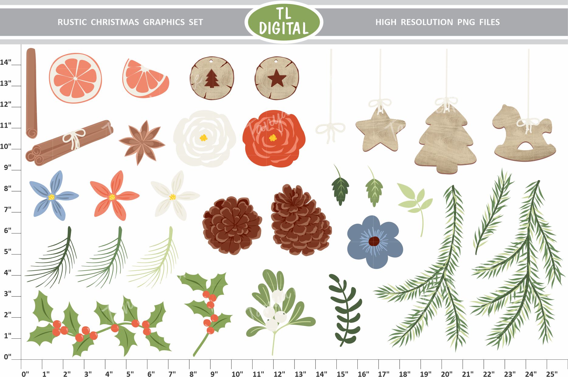 Rustic Christmas Graphics Set - 75 Cliparts (301439) | Illustrations ...