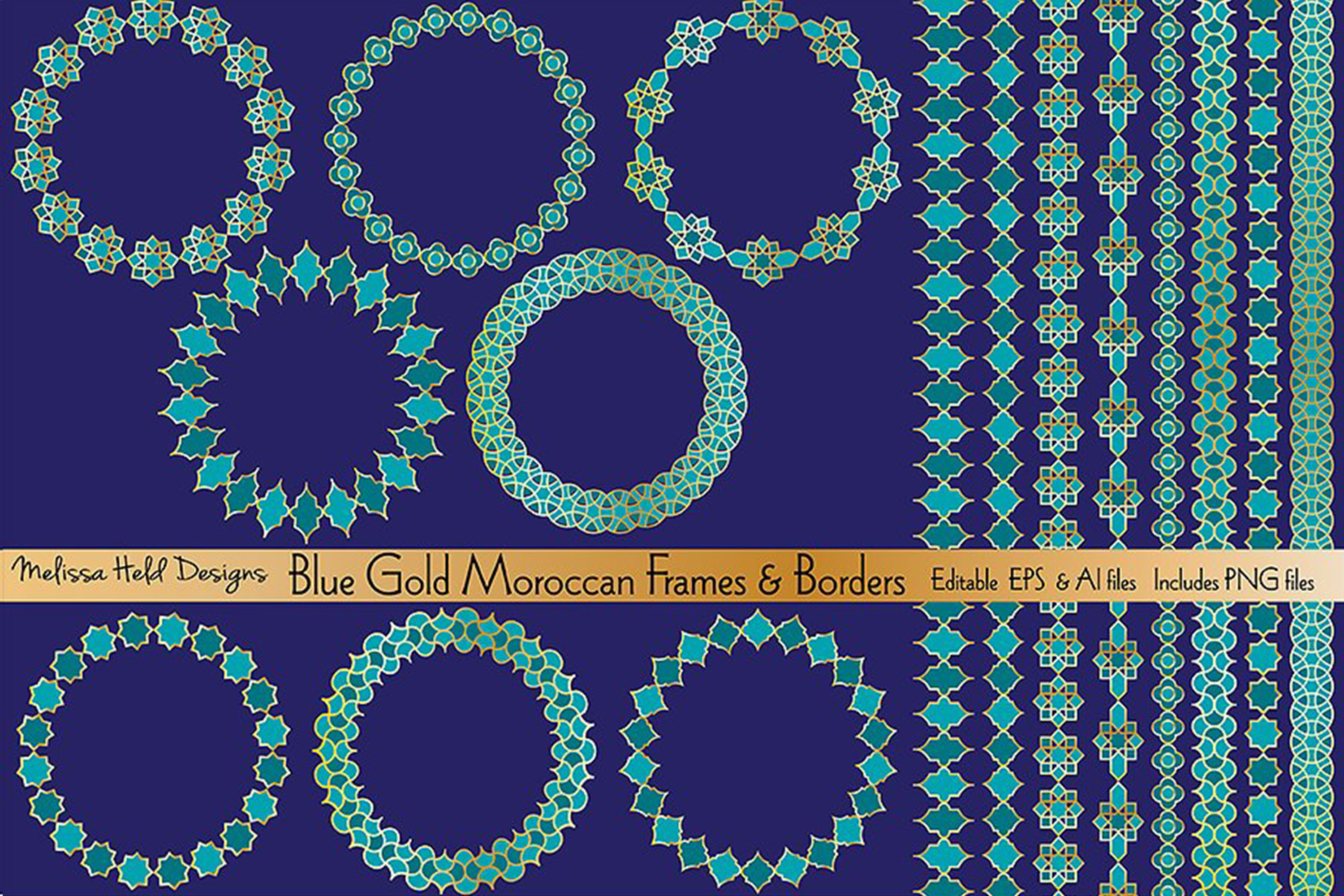 Blue Gold Moroccan Frames & Borders (148992) | Decorations | Design Bundles